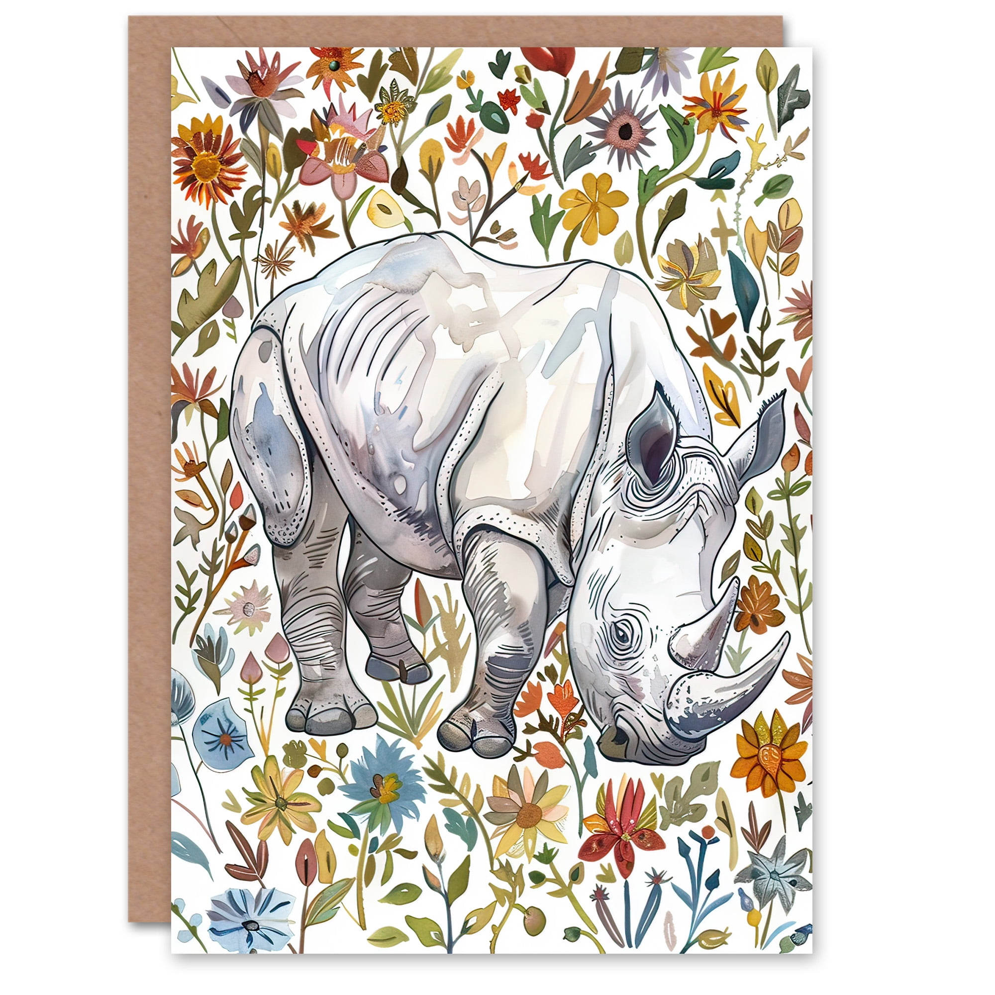 Artery8 Greeting Card Rhinoceros Rhino in Wildflower Meadow Watercolour ...