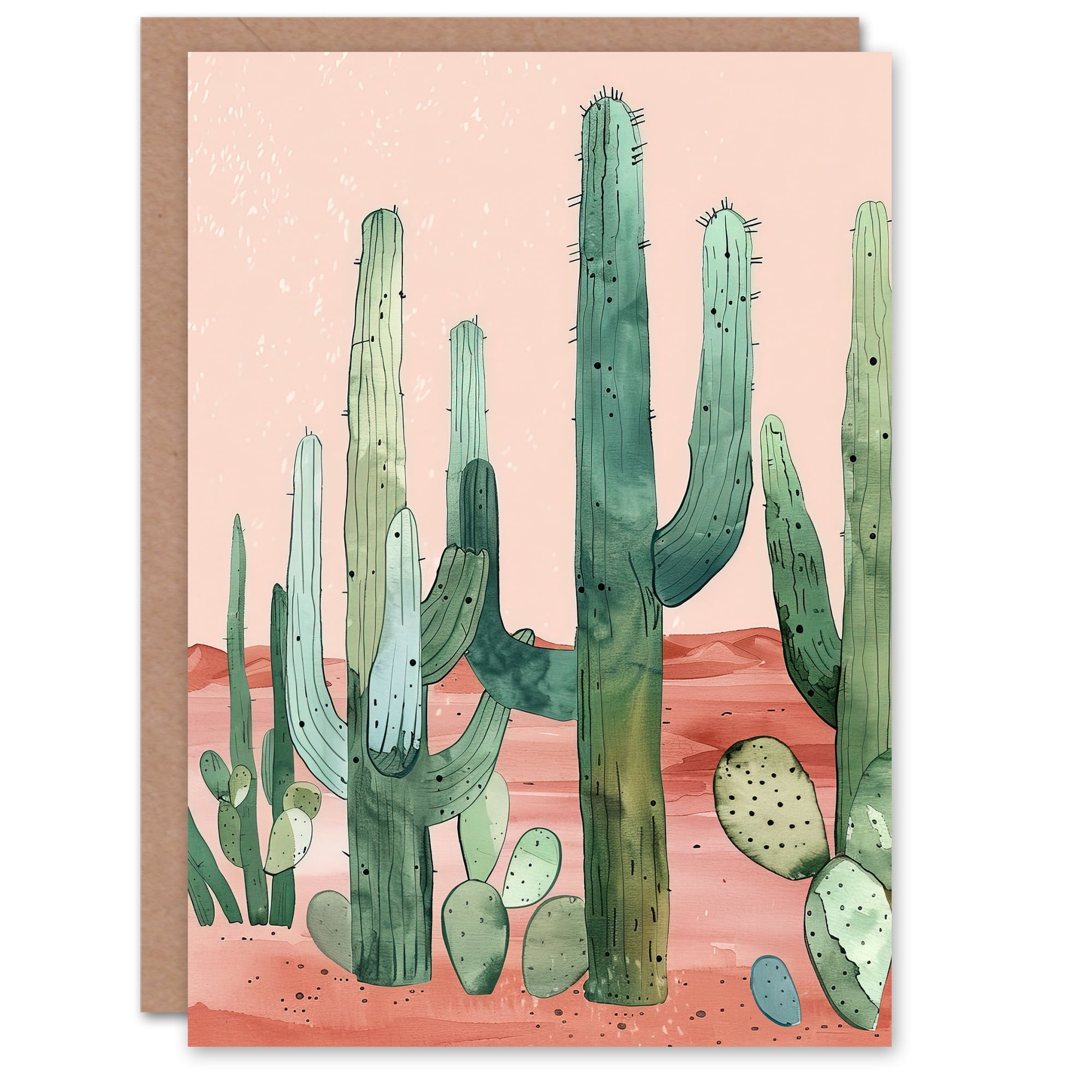 Artery8 Greeting Card Saguaro Cactus Pink Mexican Desert Landscape ...