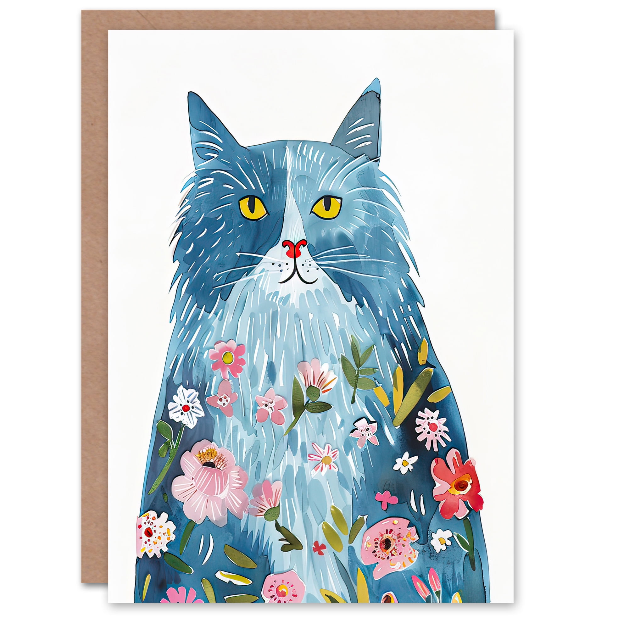Artery8 Greeting Card Smiling Blue Cat with Flowers in Fur Watercolour ...