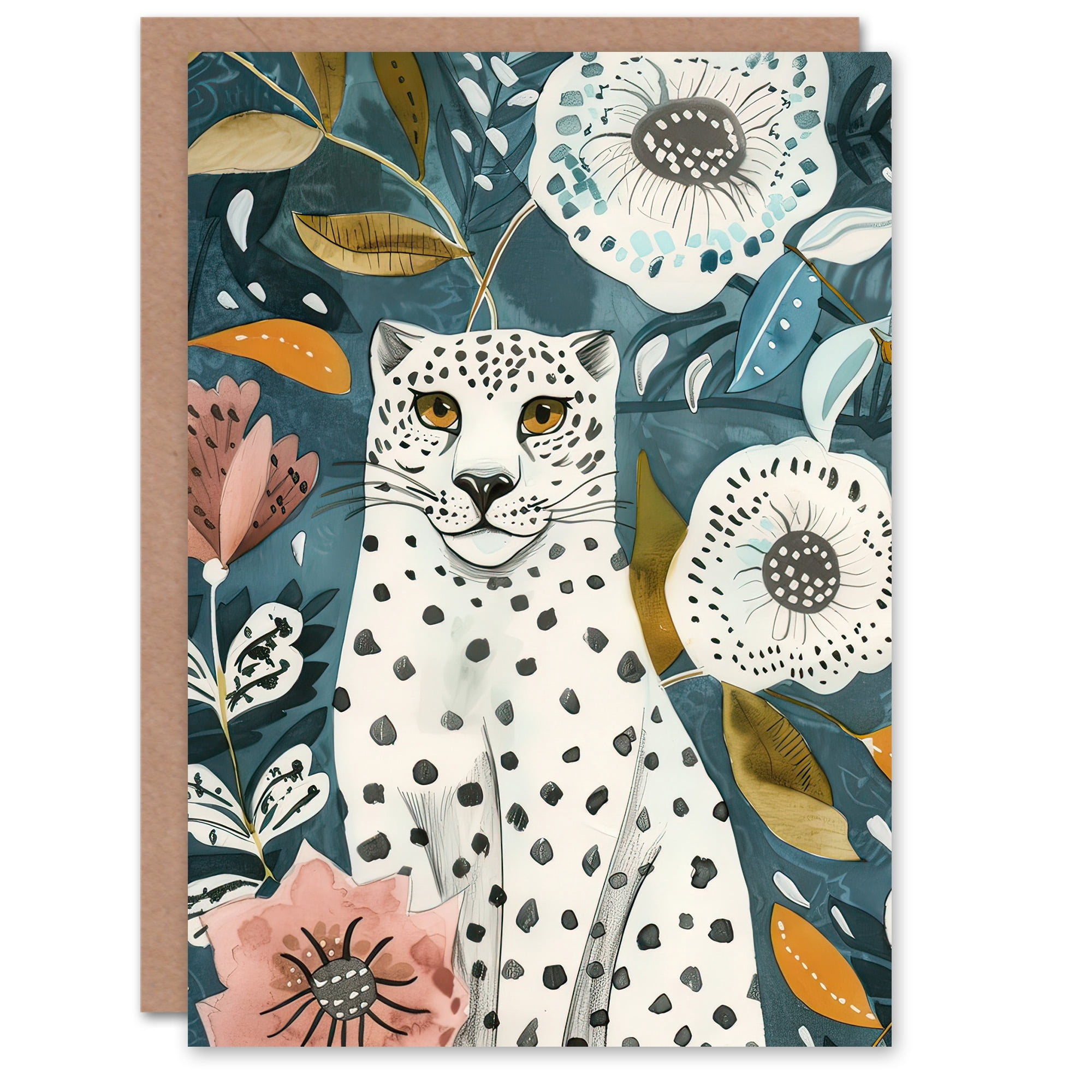 Artery8 Greeting Card Snow Leopard Floral Pattern Watercolour Folk Art ...