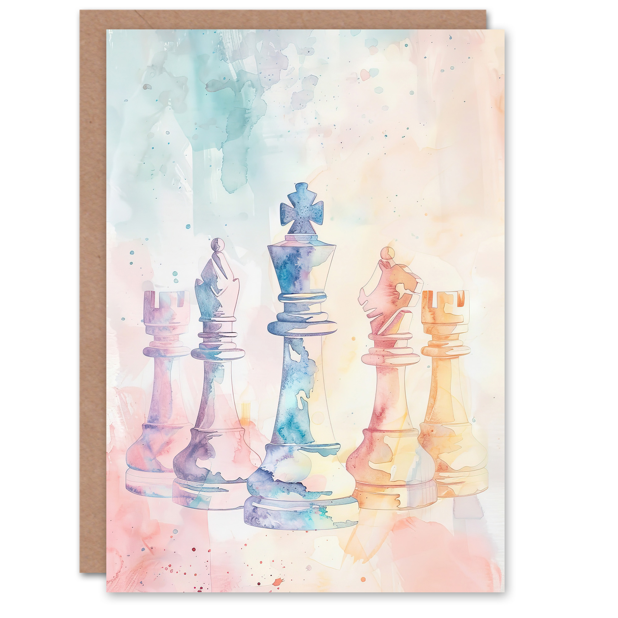 Artery8 Greeting Card Stylised Chess Pieces Light Pastel Watercolour ...