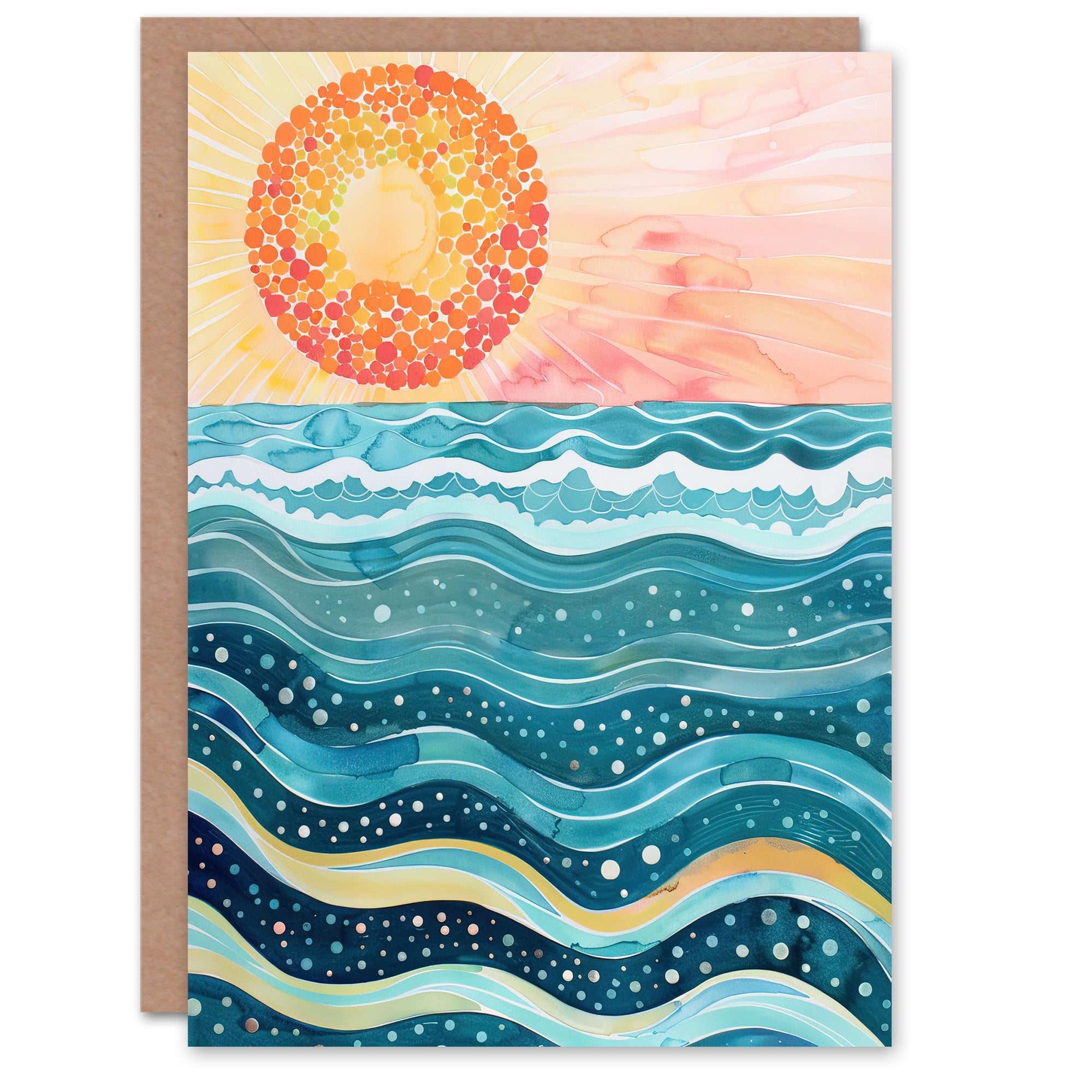 Artery8 Greeting Card Sun Rising Over Sea Waves Blue Orange Folk Art ...