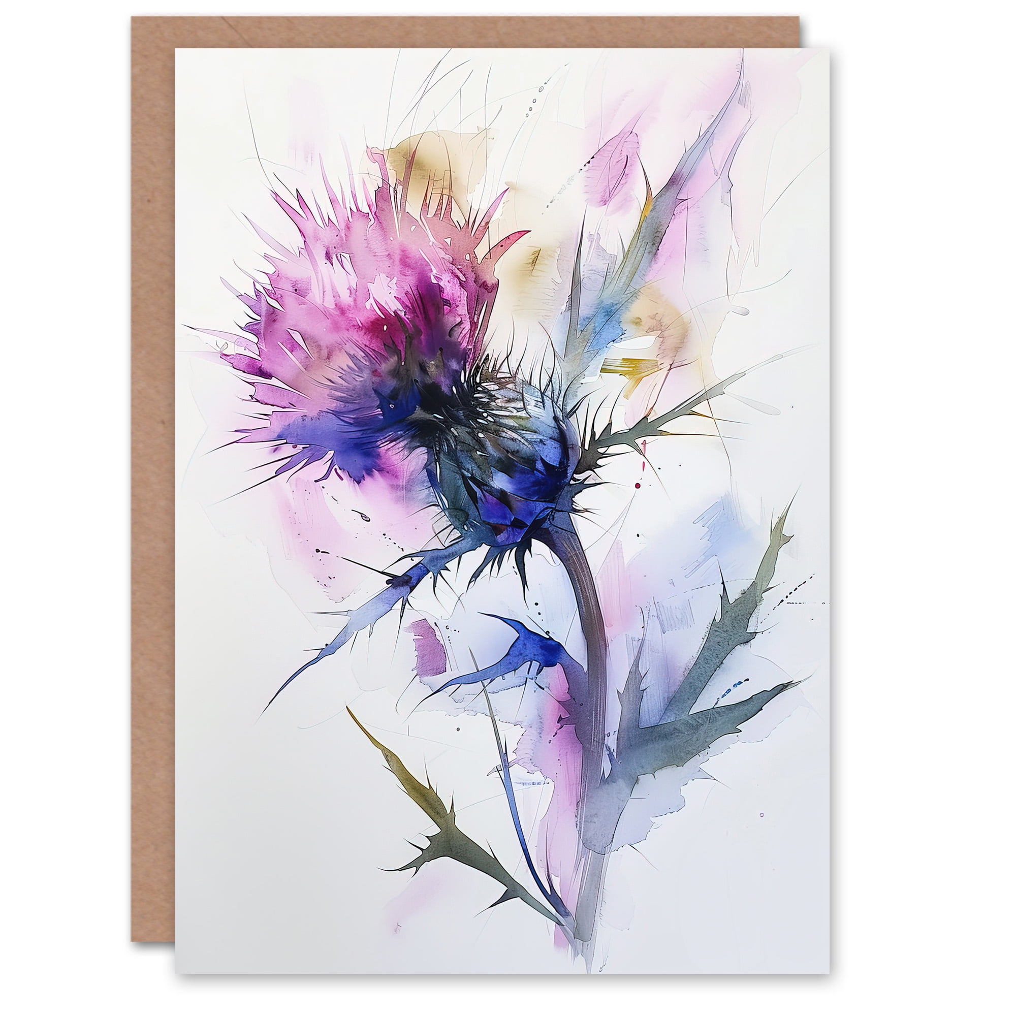 Artery8 Greeting Card Thistle Flower Bloom Soft Watercolour Painting ...