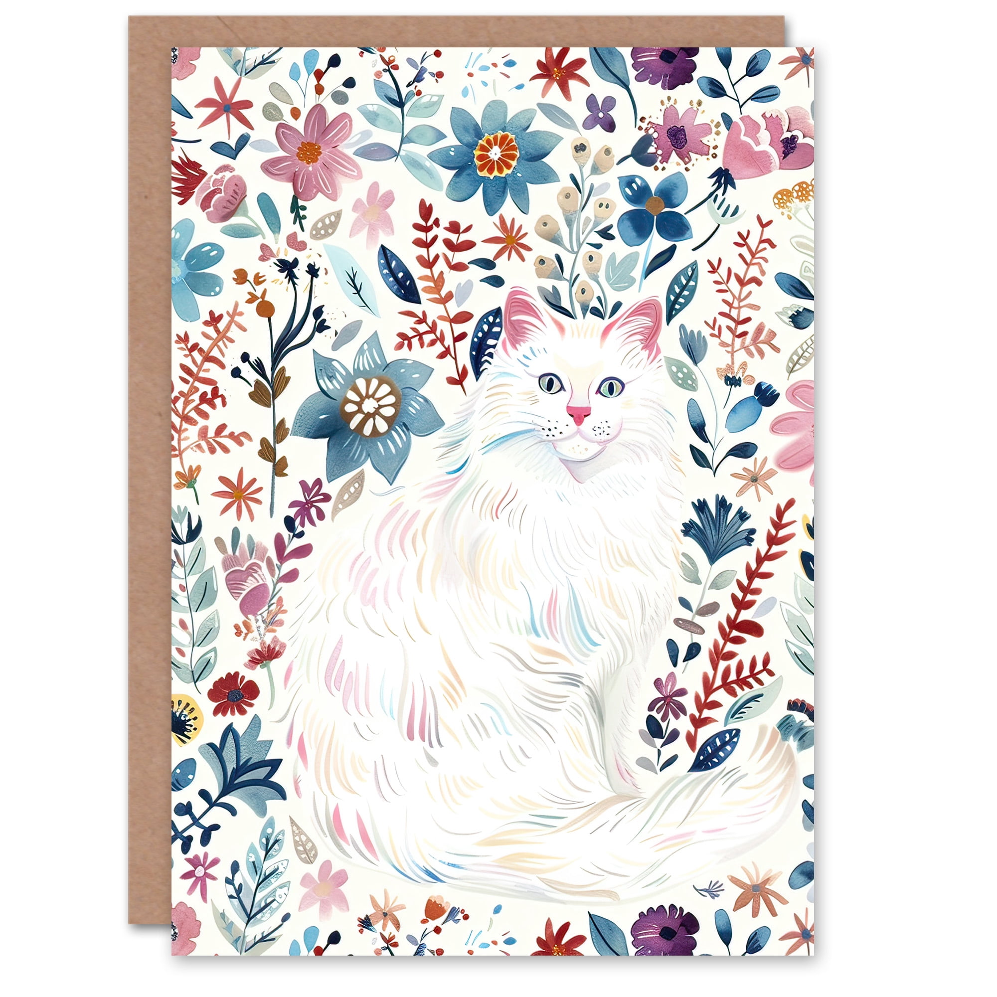 Artery8 Greeting Card Turkish Angora and Floral Pattern White Cat Lover ...