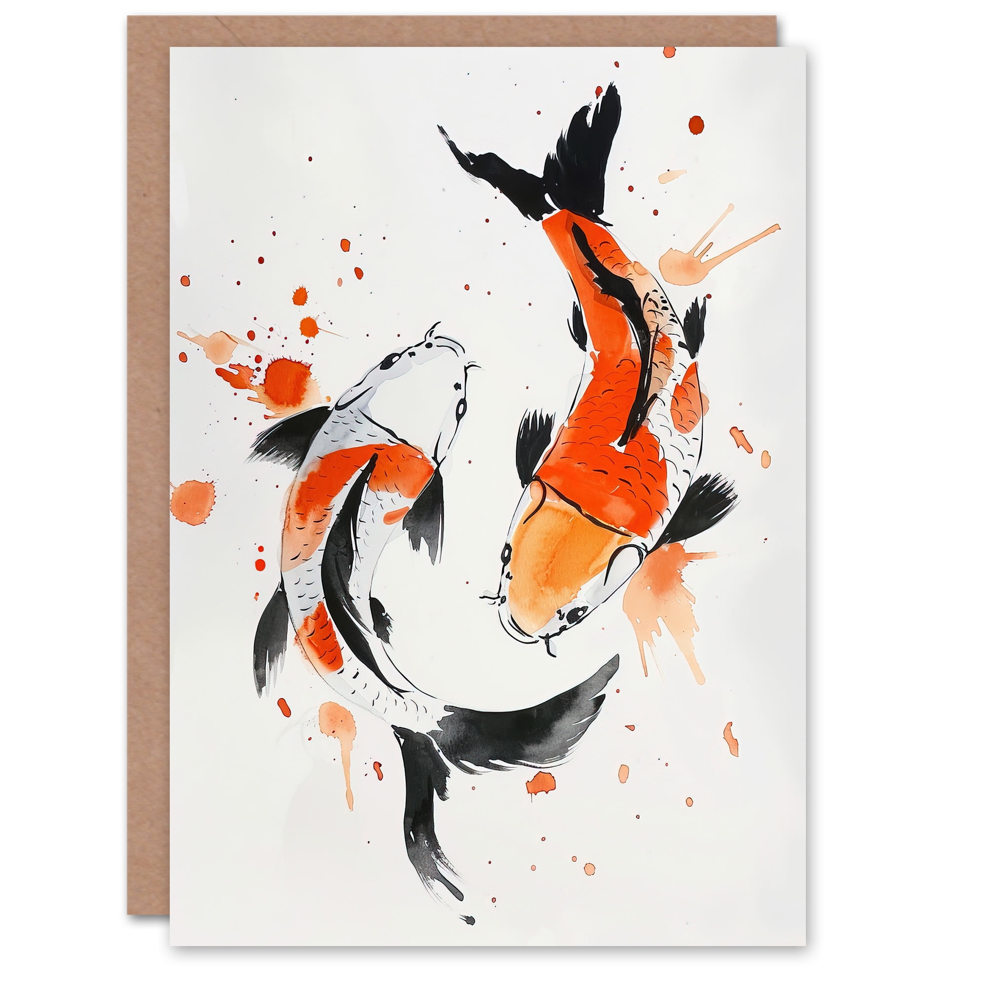 Artery8 Greeting Card Two Koi Carp Fish Orange Black Watercolour Blank ...