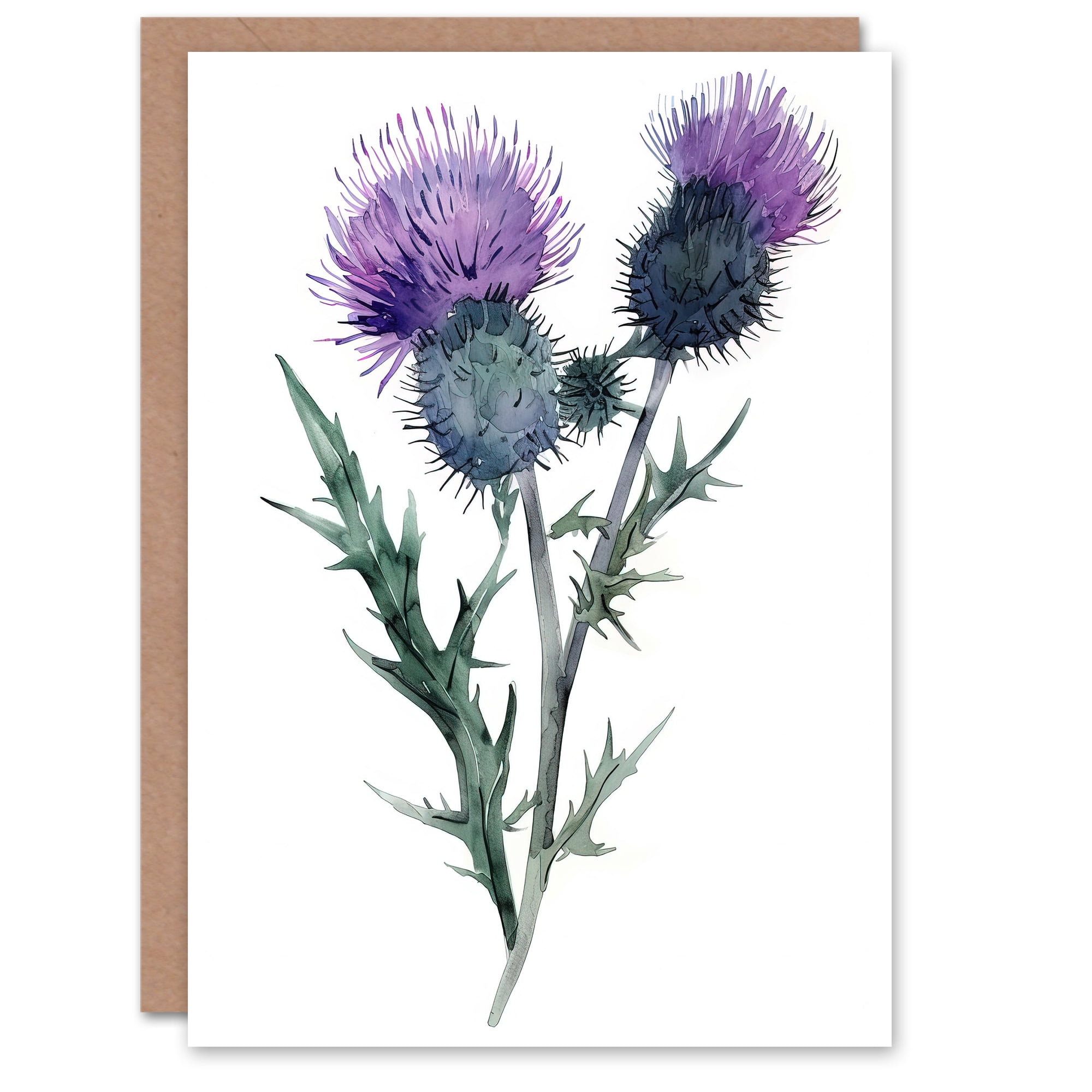 Artery8 Greeting Card Two Scottish Thistle Flower Blooms Watercolour ...