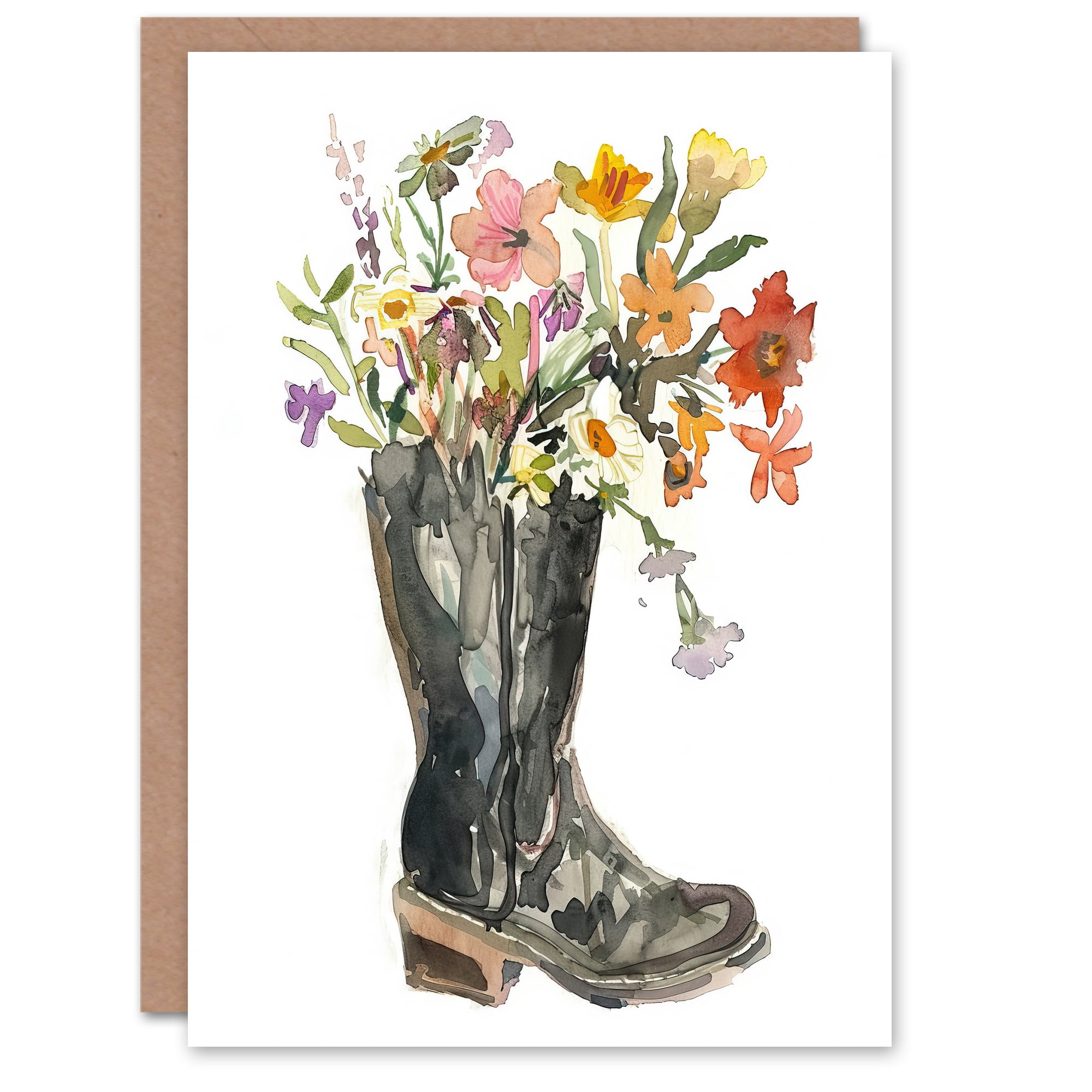 Artery8 Greeting Card Wildflower Bouquet Heeled Army Boot Watercolour ...