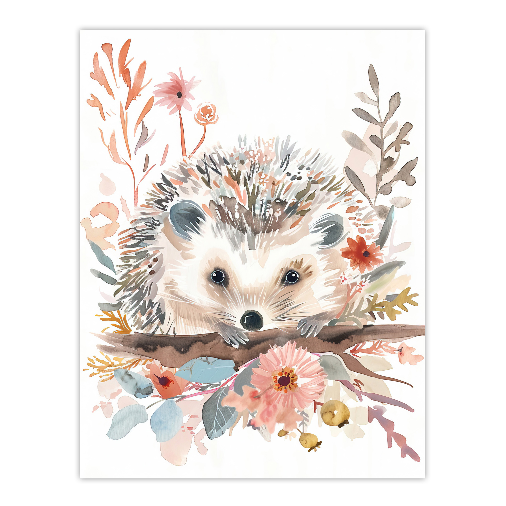 Artery8 Hedgehog in Wildflowers Modern Watercolour Pastel Living Room ...