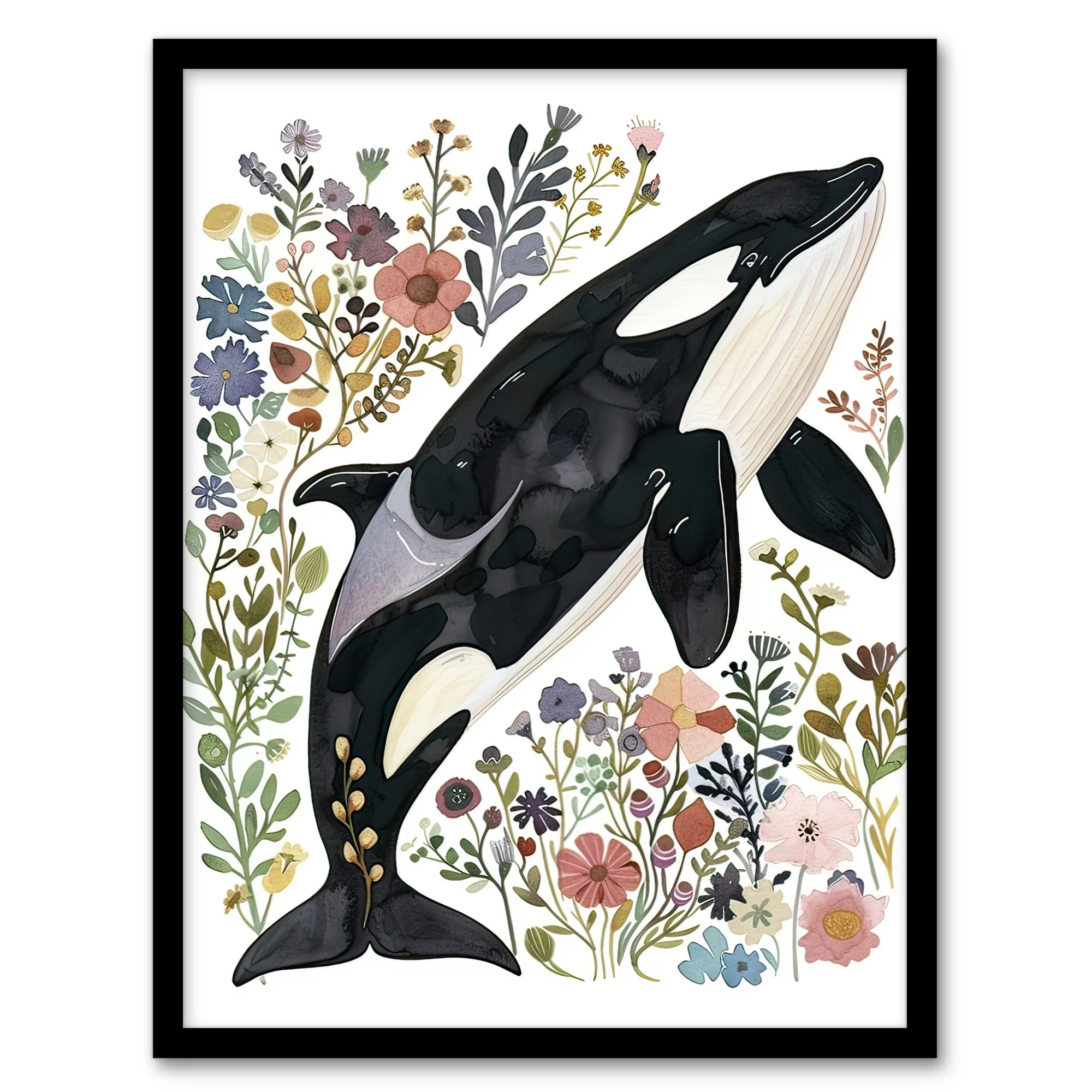 Artery8 Orca Killer Whale with Wildflowers Bright Floral Living Room Artwork Framed Wall Art ...