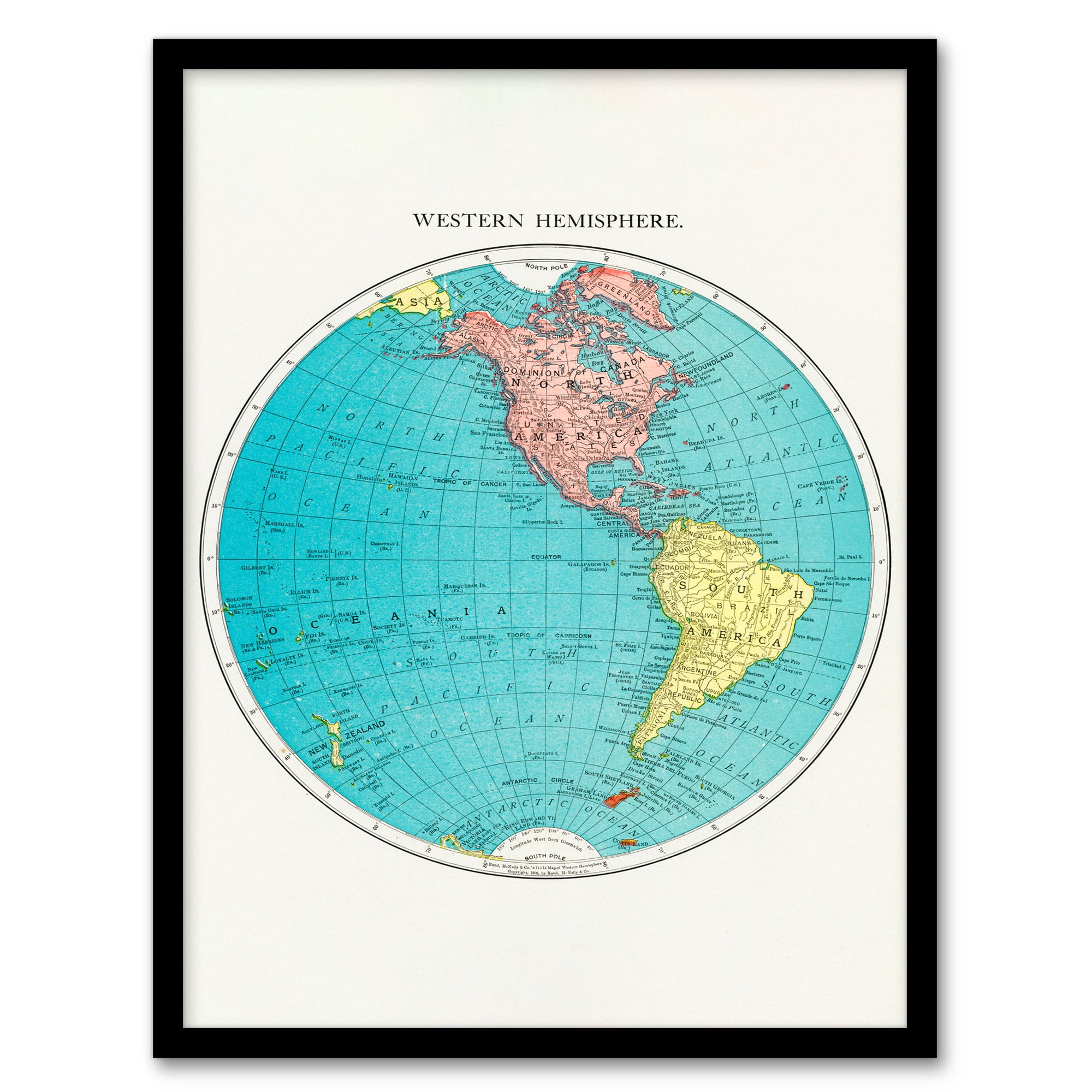 Artery8 Rand McNally and Co Western Hemisphere 1908 Map Framed Wall Art ...