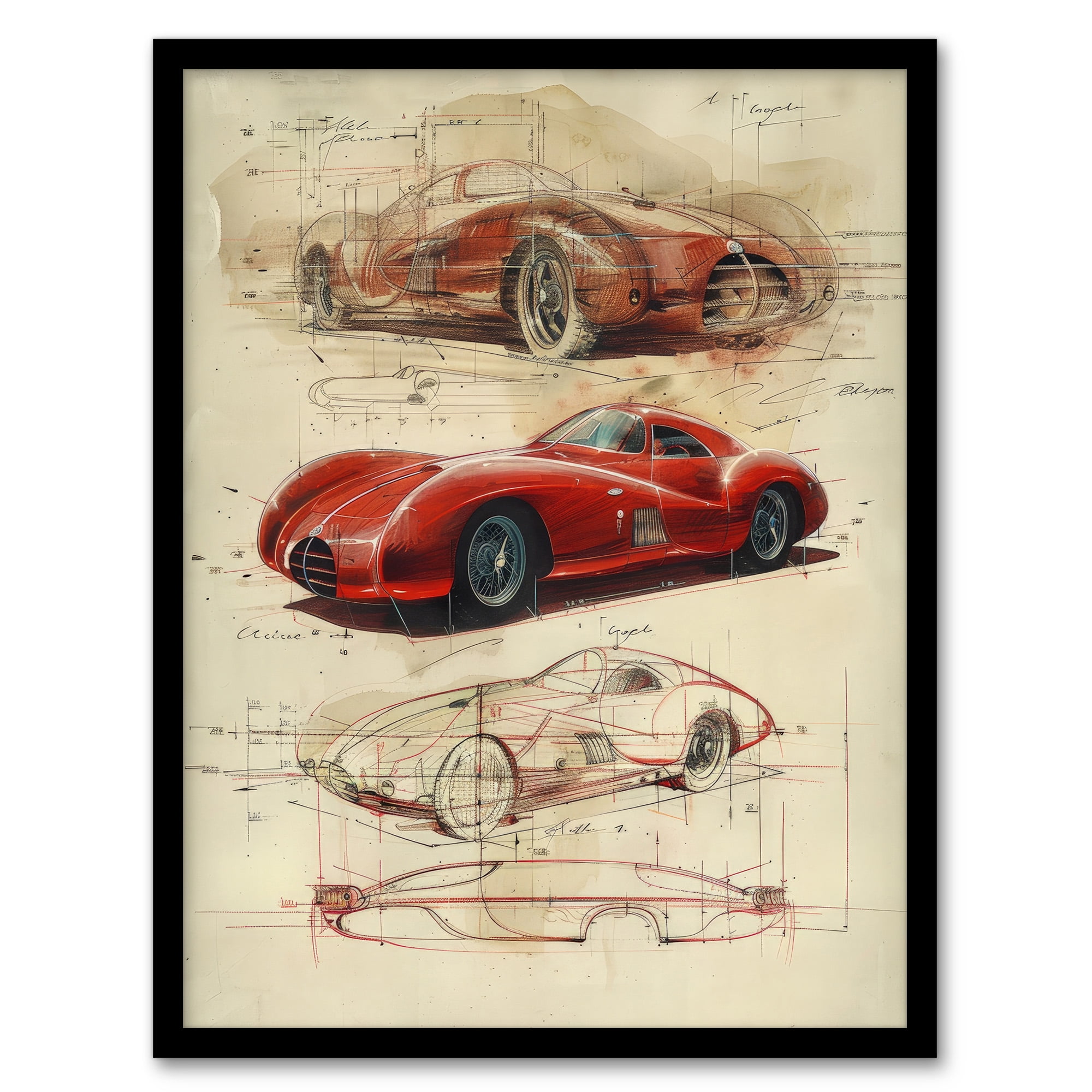 Artery8 Red Sports Car Design Sketch Drawing For Living Room Artwork ...