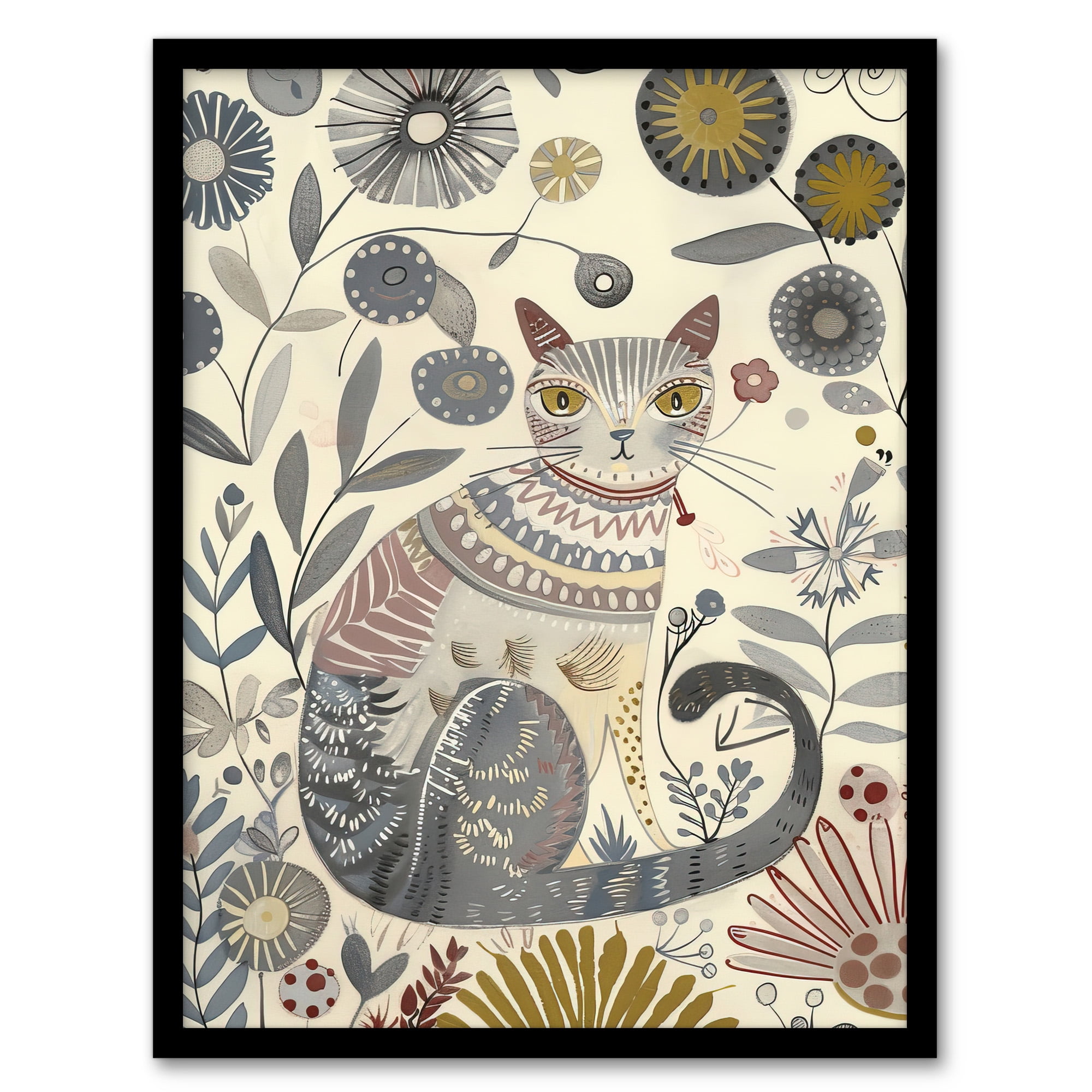 Artery8 Rustic Cat Wildflower Field Bright Floral Pattern Living Room ...