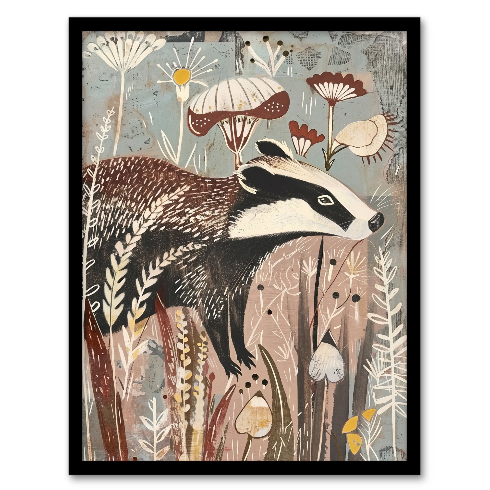 Artery8 Rustic Woodland Badger Artwork Forest Wildflowers Living Room ...