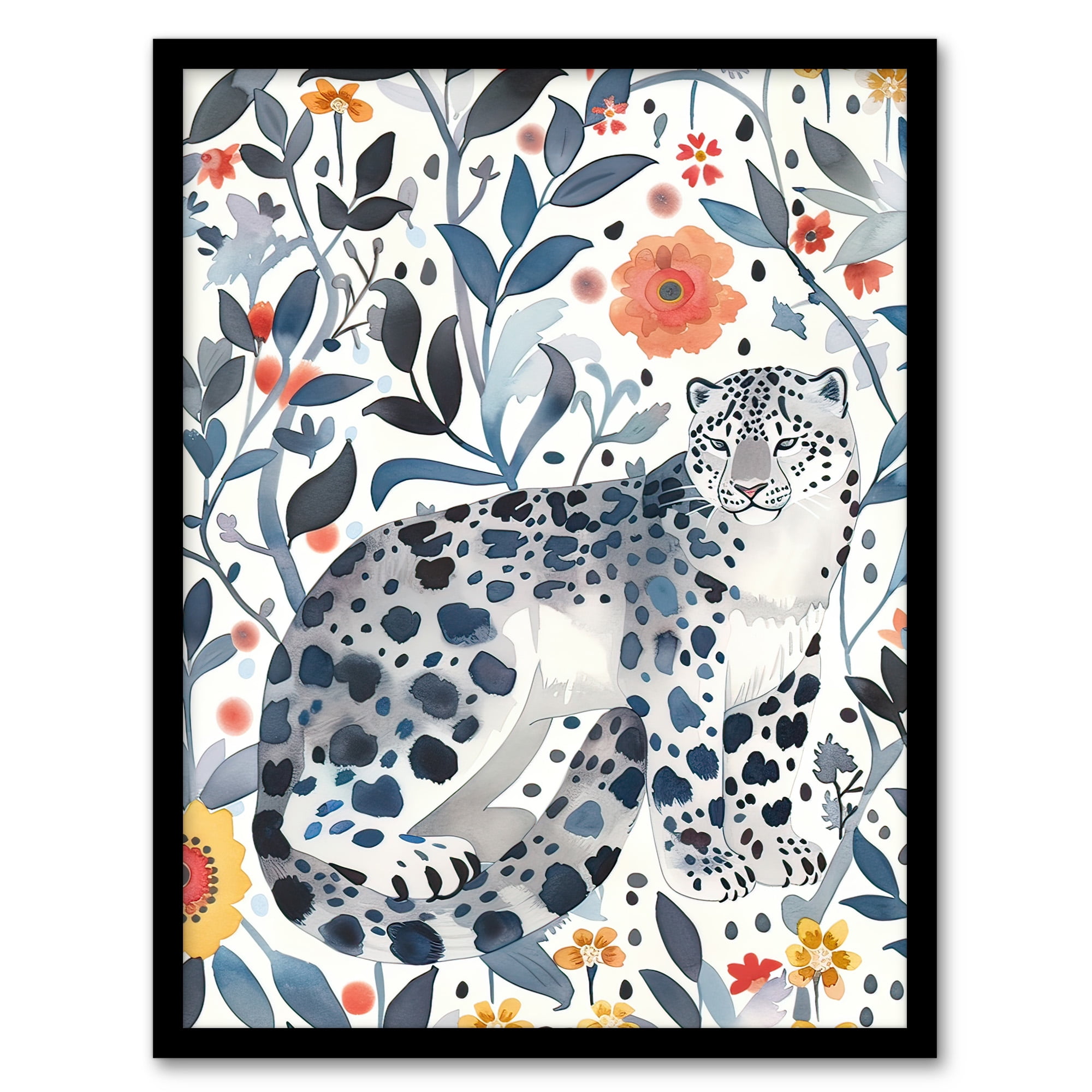 Artery8 Snow Leopard Blue Orange Floral Watercolour Living Room Art ...