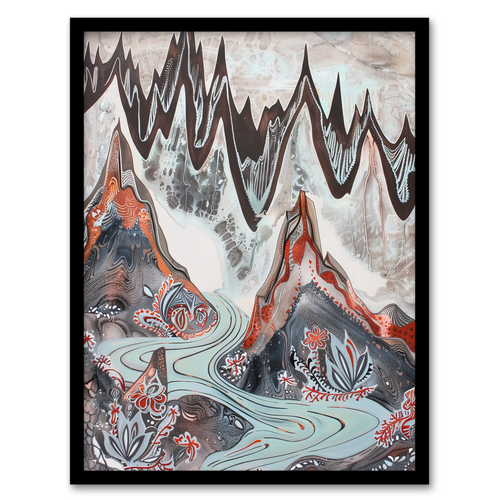 Artery8 Spiky Mountains River Trippy Floral Folk Art Living Room ...