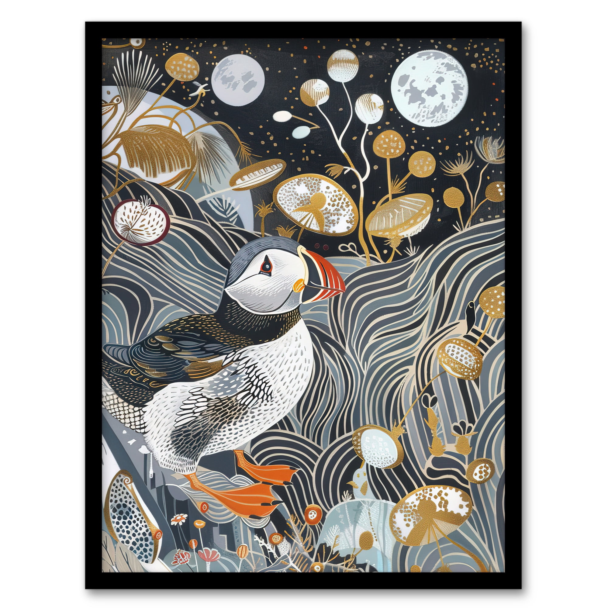 Artery8 Stylised Puffin Full Moon Flower Field Abstract Living Room ...
