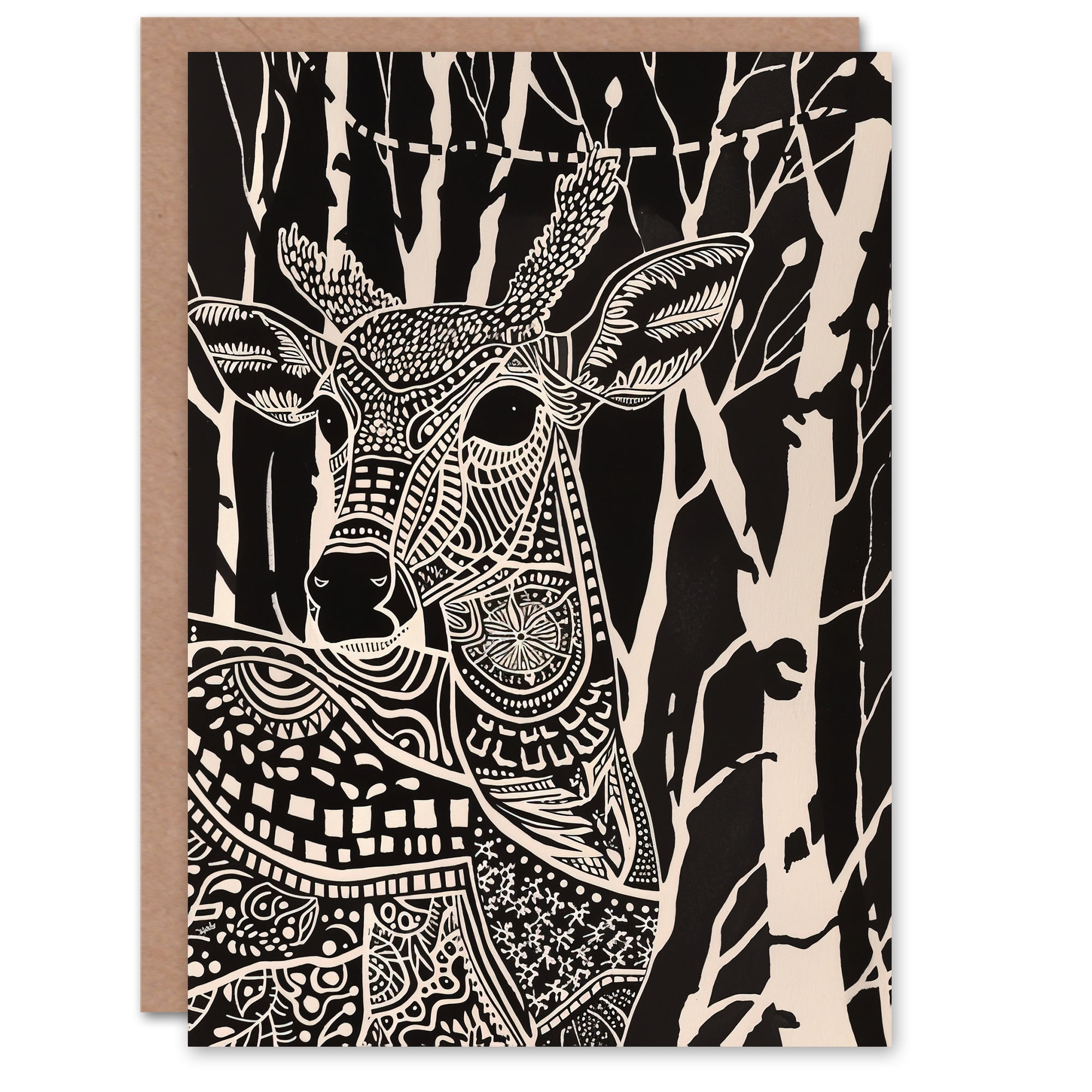 Artery8 Tribal Pattern Deer Black White Forest Landscape Greeting ...
