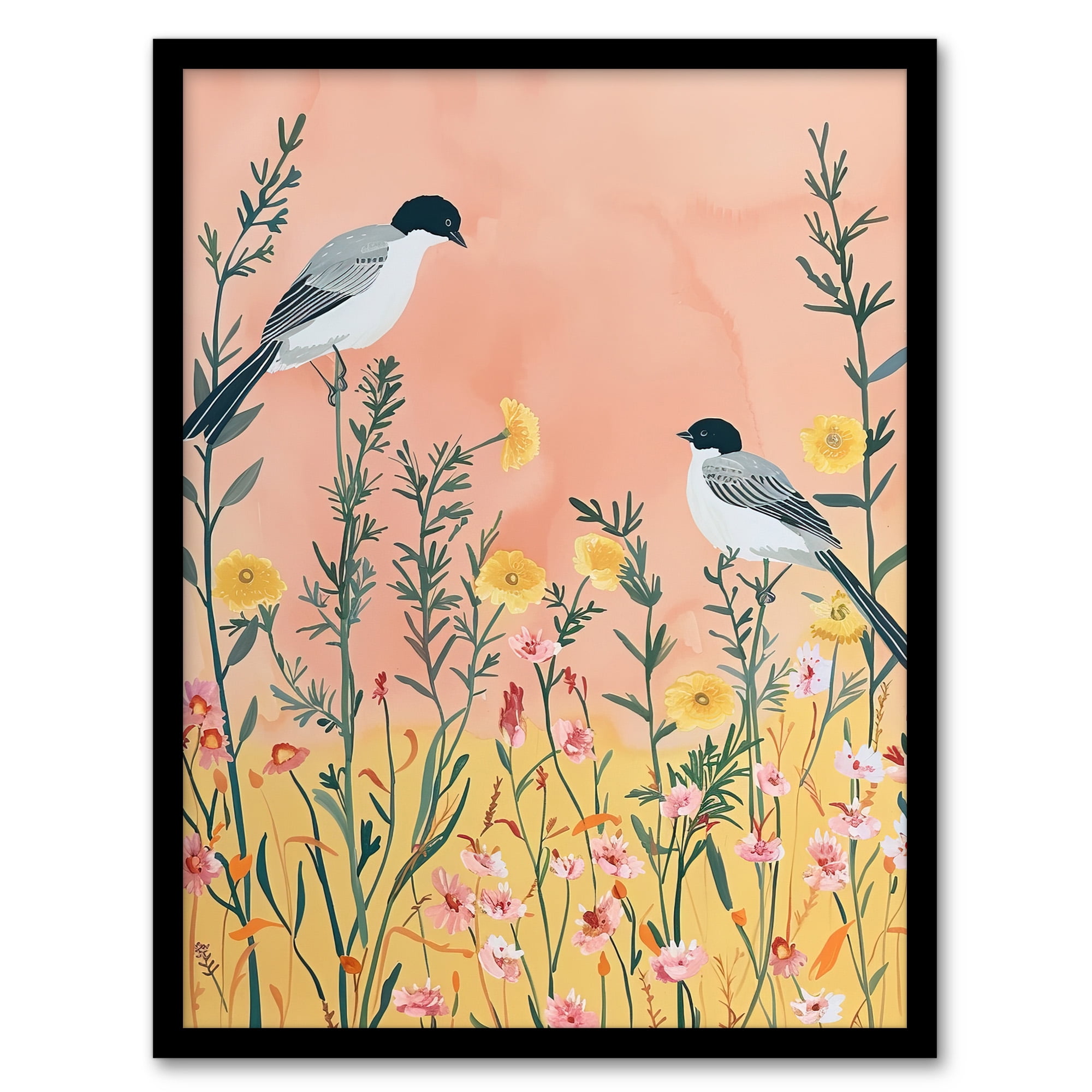 Artery8 Two Chickadee Birds in Pastel Wildflower Field Living Room Art ...