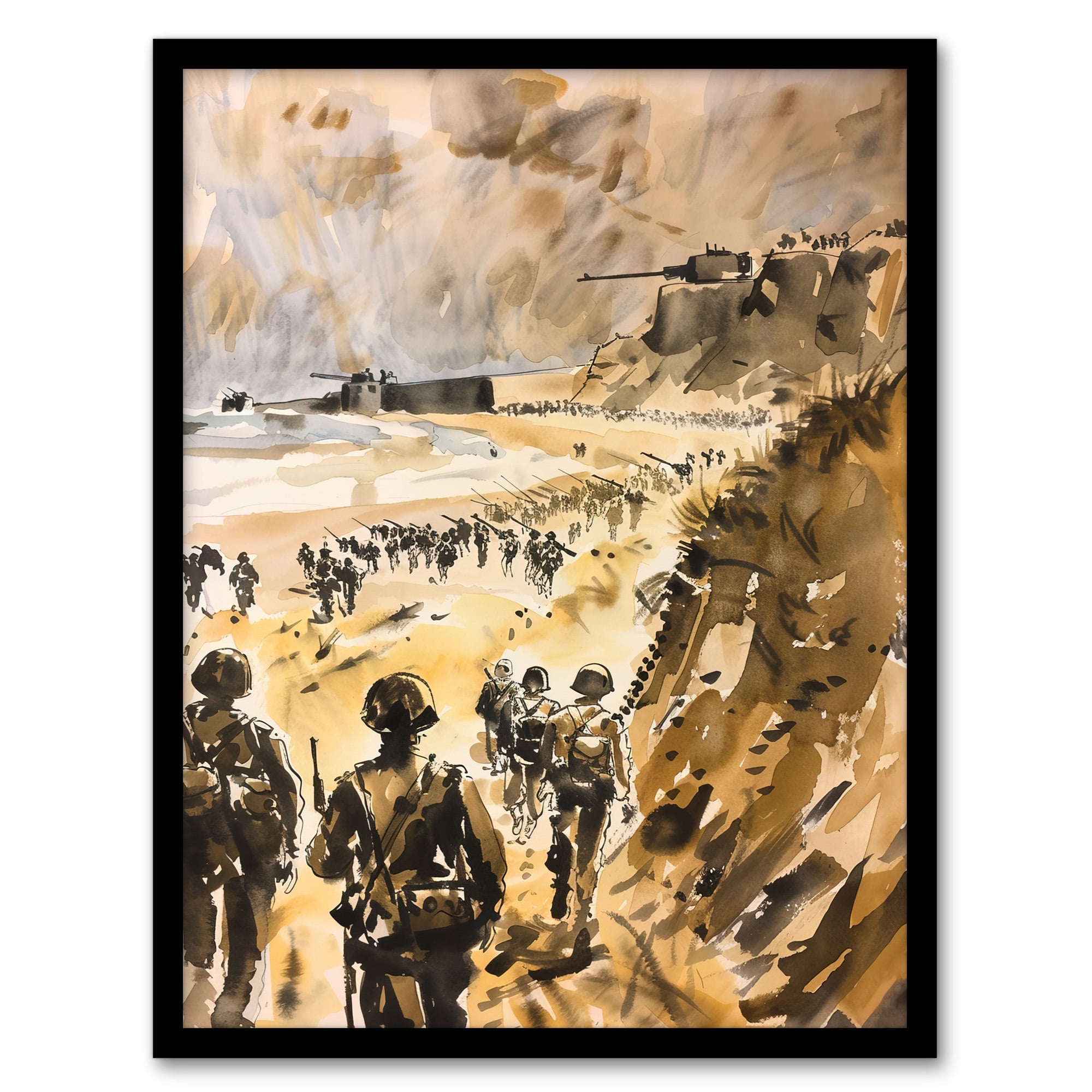 Artery8 WWII D Day Landing Normandy War Tanks Soldiers Man Cave Artwork Framed Wall Art Print A4 ...