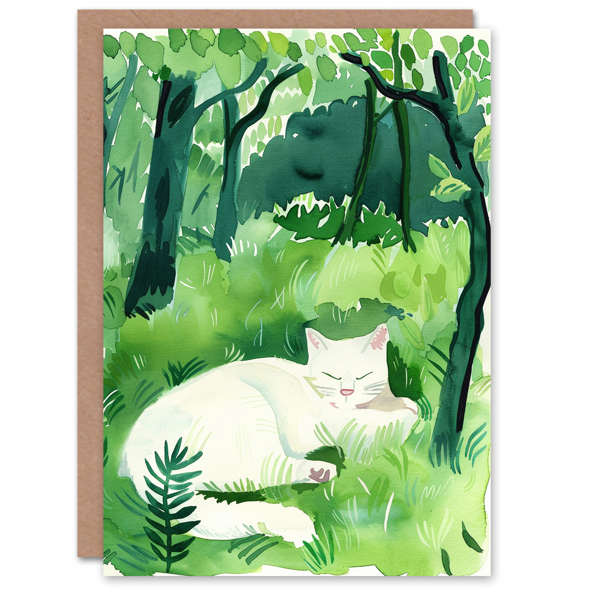 Artery8 White Cat Lover Forest Nap Watercolour Landscape Blank For Him Or Her Art Birthday Card ...