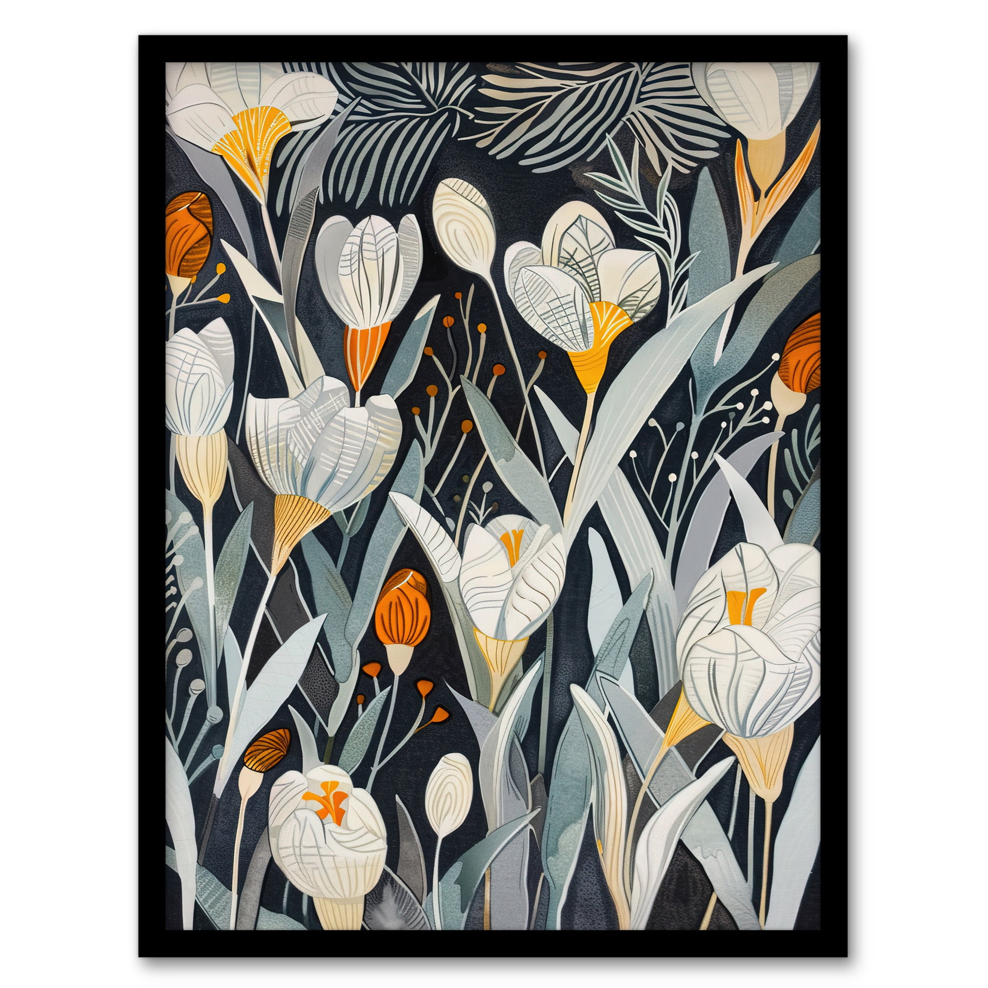 Artery8 White Crocus Flower Garden Artwork Dark Floral Living Room Art ...