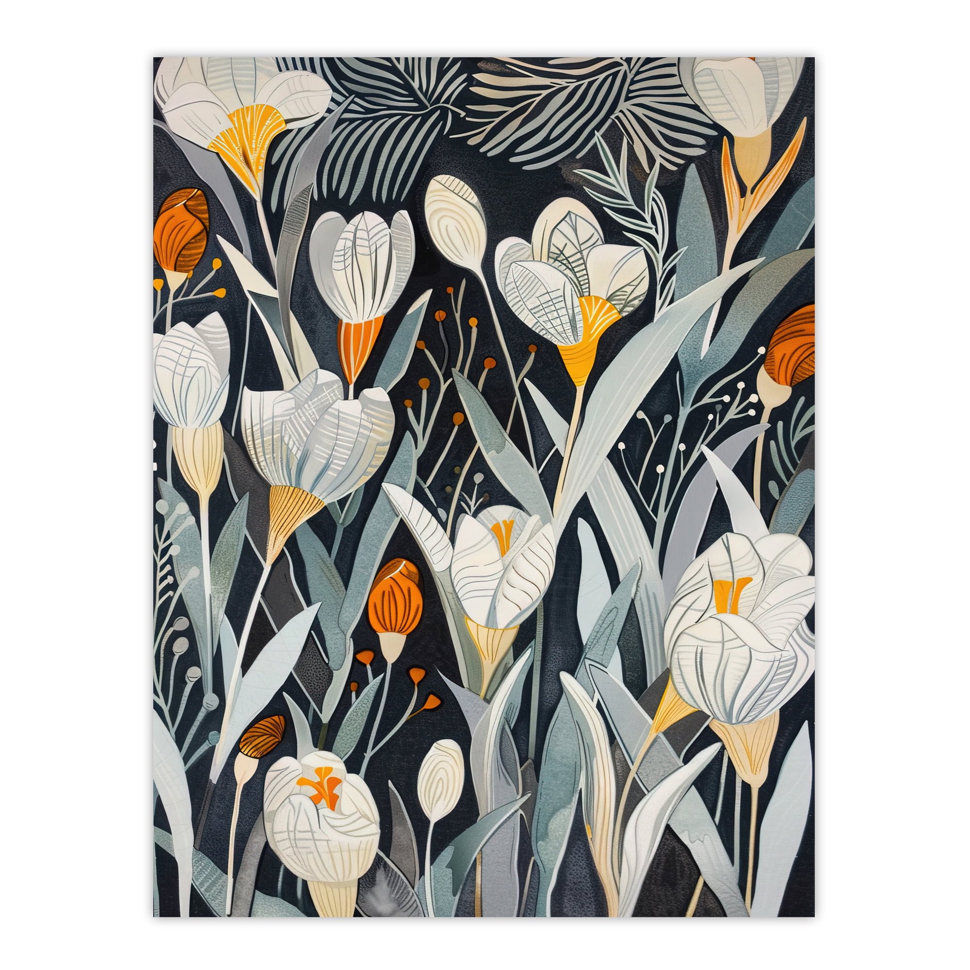 Artery8 White Crocus Flower Garden Artwork Dark Floral Living Room ...