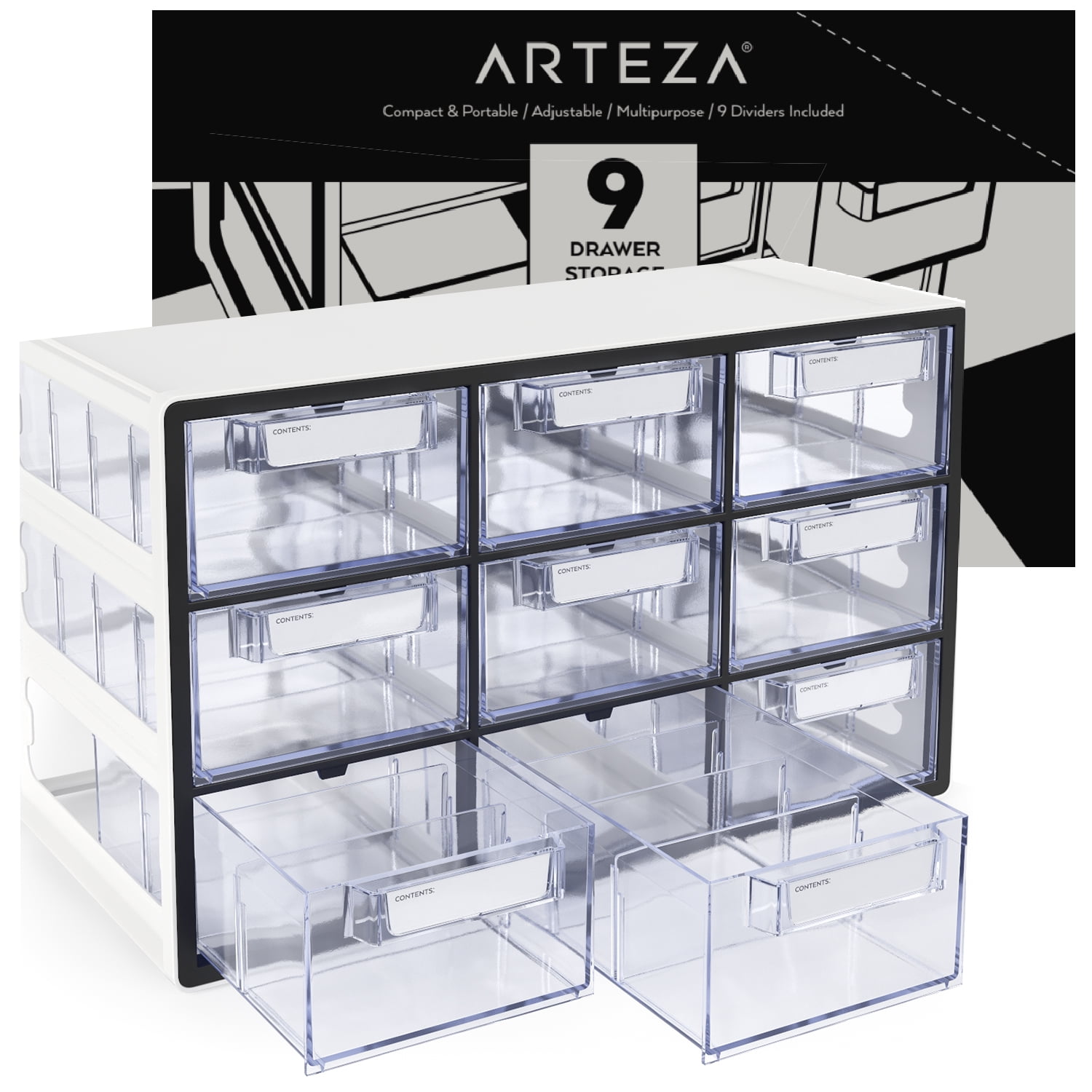 Arteza 9-Drawer Multipurpose Semi-Clear Storage Cabinet in Gray ...
