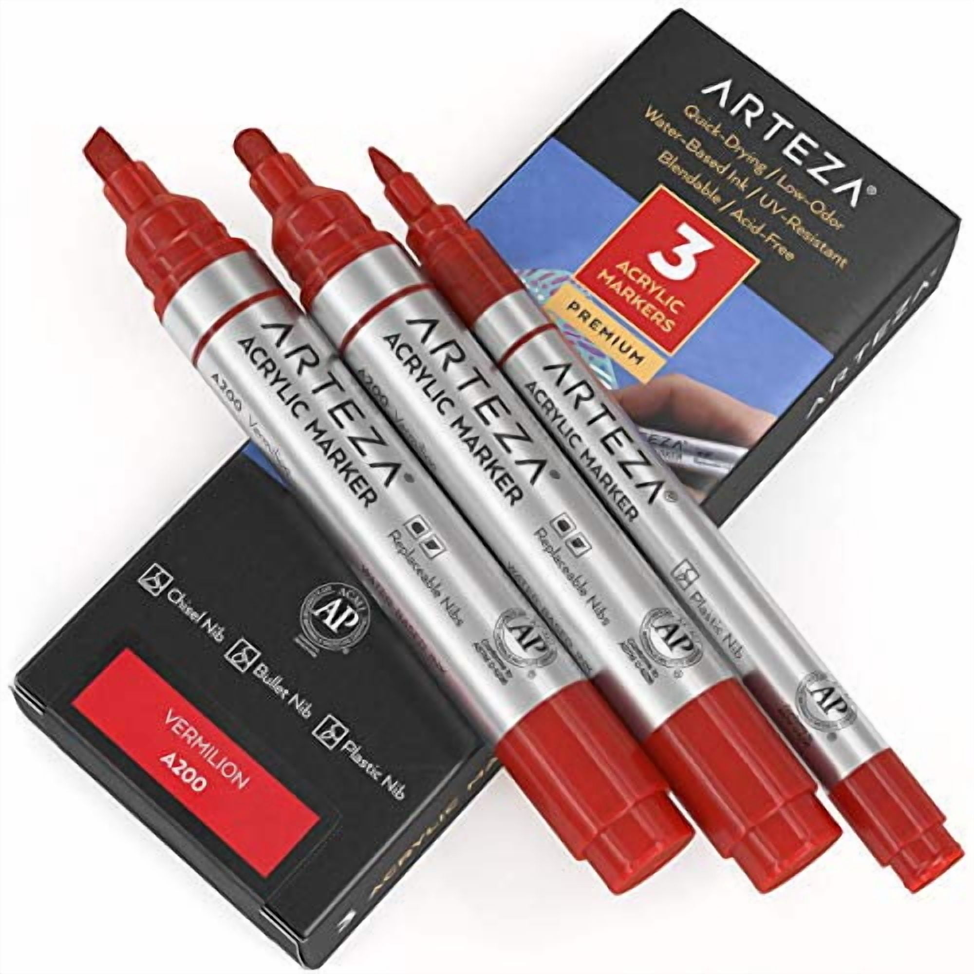 Arteza Acrylic Markers, A200 Vermilion, 2 Big + 1 Small Barrel - 3 Pack ...