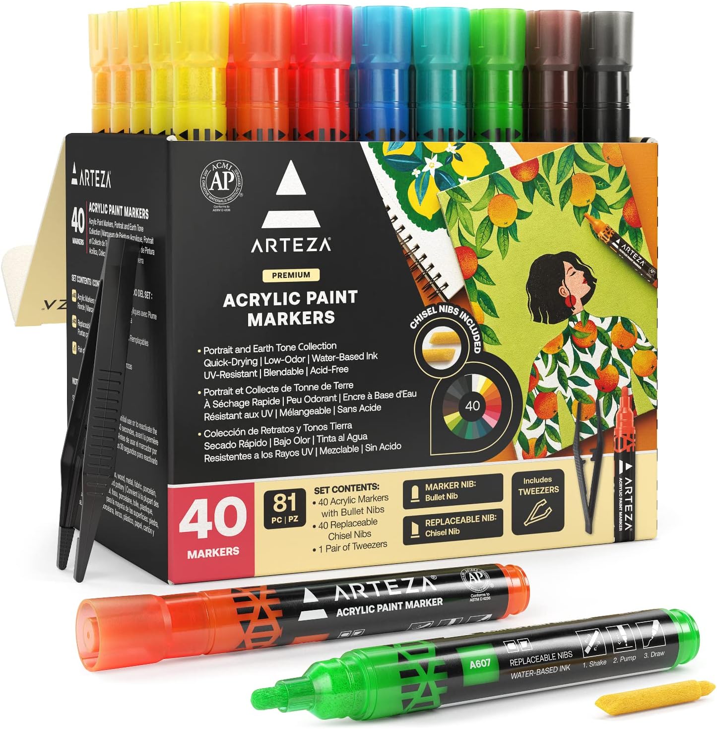 Arteza Acrylic Paint Markers, 40 Vibrant Acrylic Paint Pens with Bullet ...