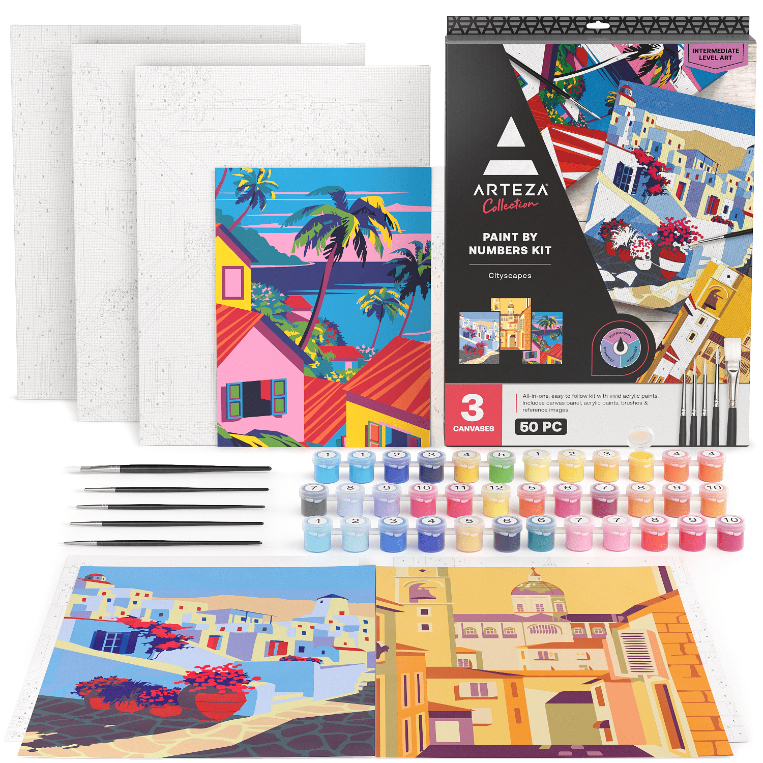 Arteza Acrylic Multi Packs Canvas, Cityscapes Paint by Numbers Kit ...