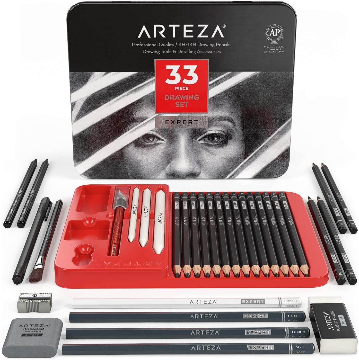 Arteza Drawing Set for Adults, Set AIS1 of 33 Sketching Tools, 20 ...