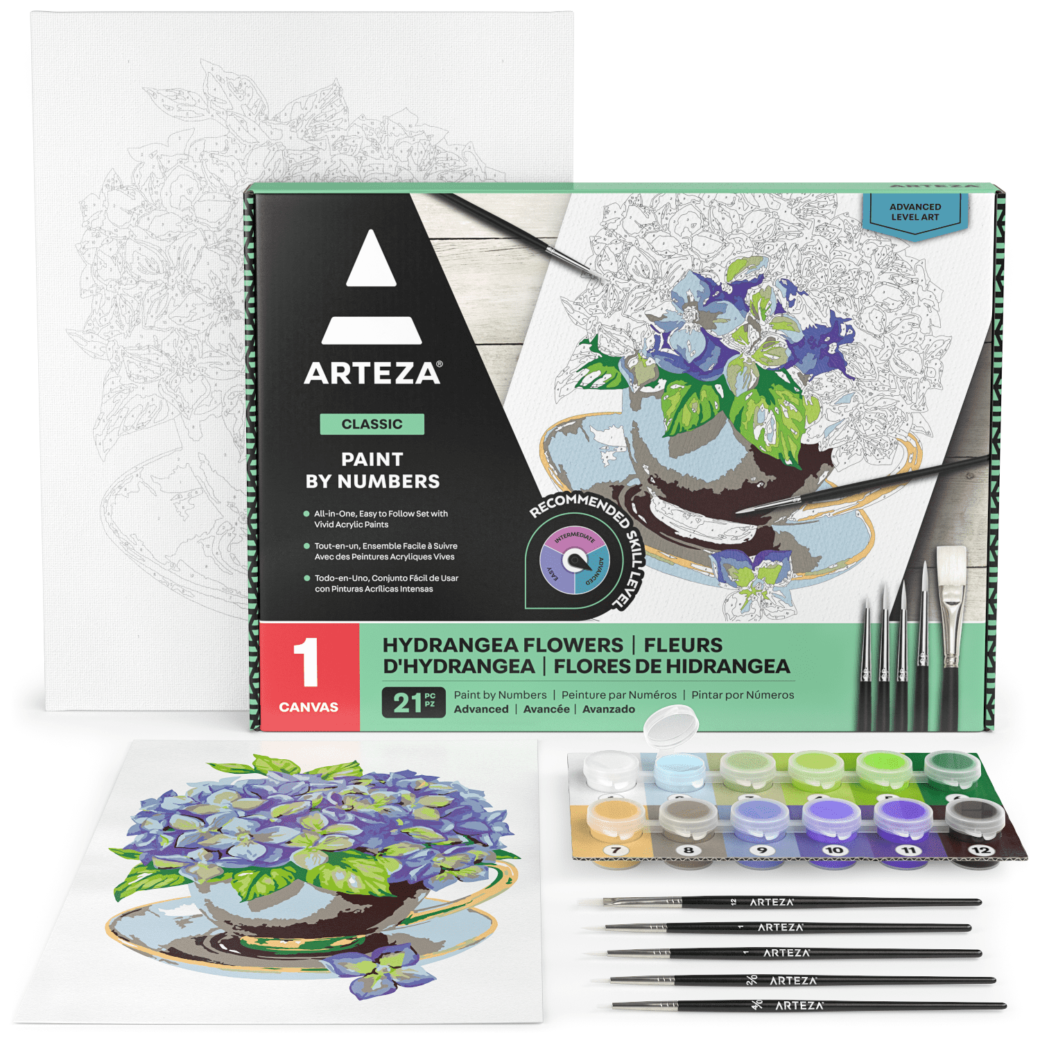 Arteza Floral Hydrangea Paint By Number DIY Acrylic Painting Set, 12 ...