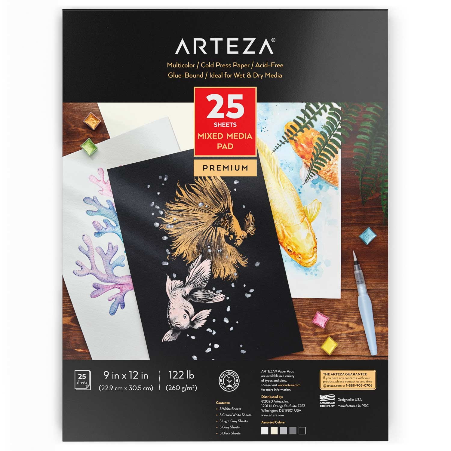 Arteza Heavyweight Paper Watercolor Paper Pad, 5 Shades of Paper, 9"x12 ...