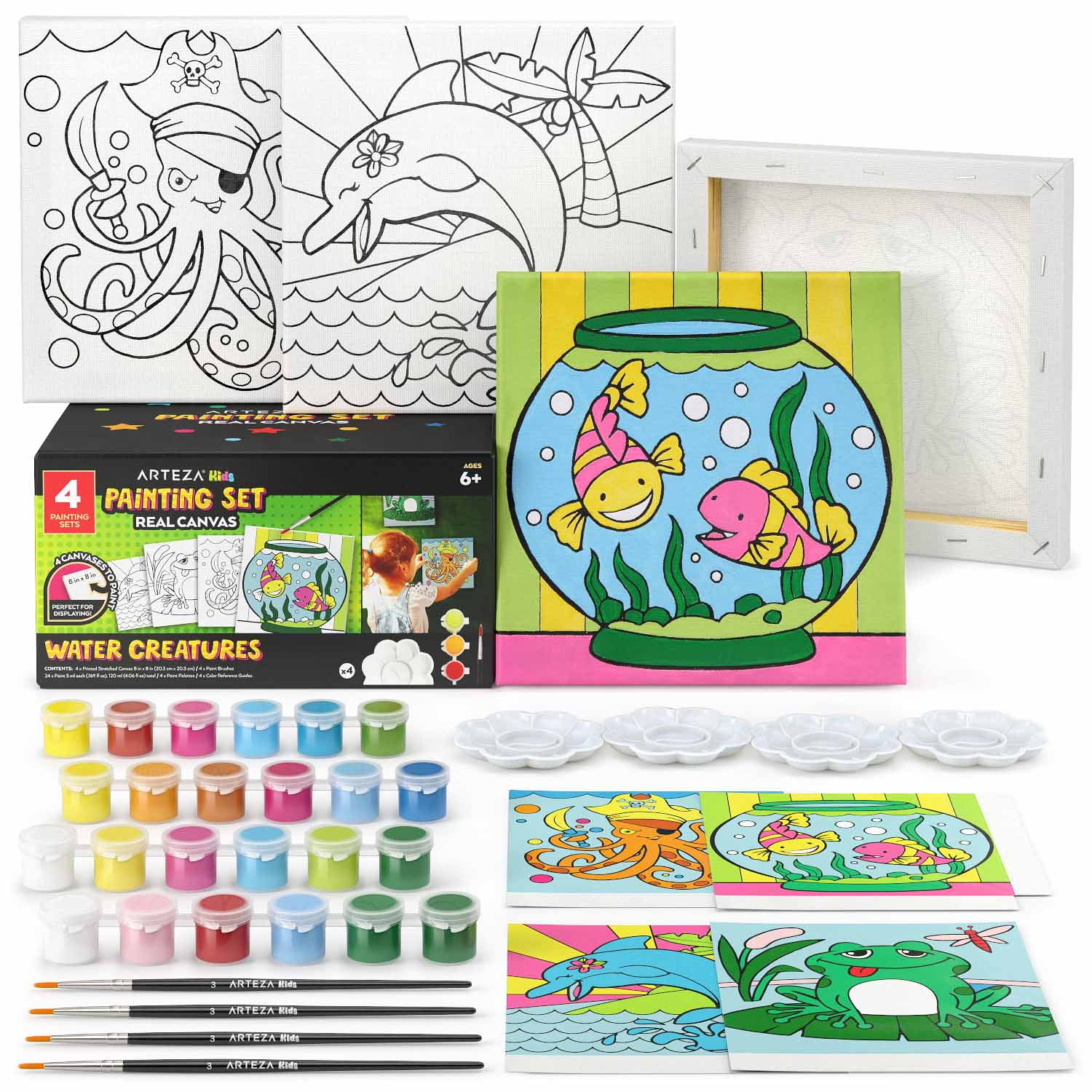 Arteza Kids Water Creatures Canvas Art Set, Paint & Craft Supplies, 4 ...