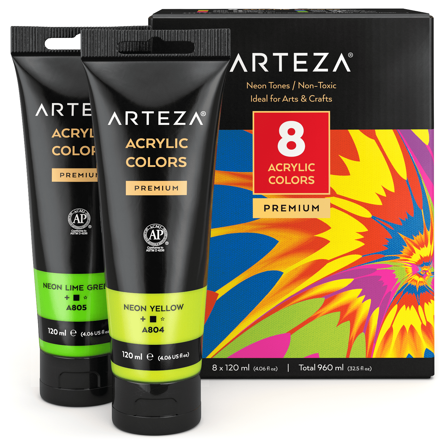 Arteza Neon Acrylic Paint Craft Set, 120ml - 8 Pack Fluorescent Colors ...