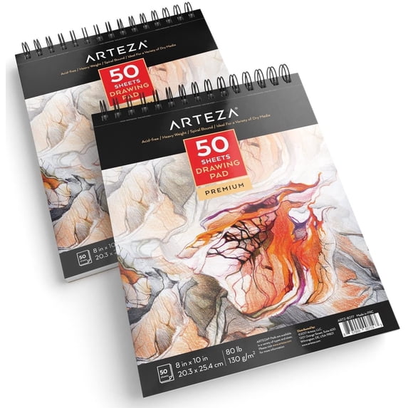 Arteza Paper Pad Pack for Drawing or Sketching, 8" x 10", 50 Sheets, 2 ...