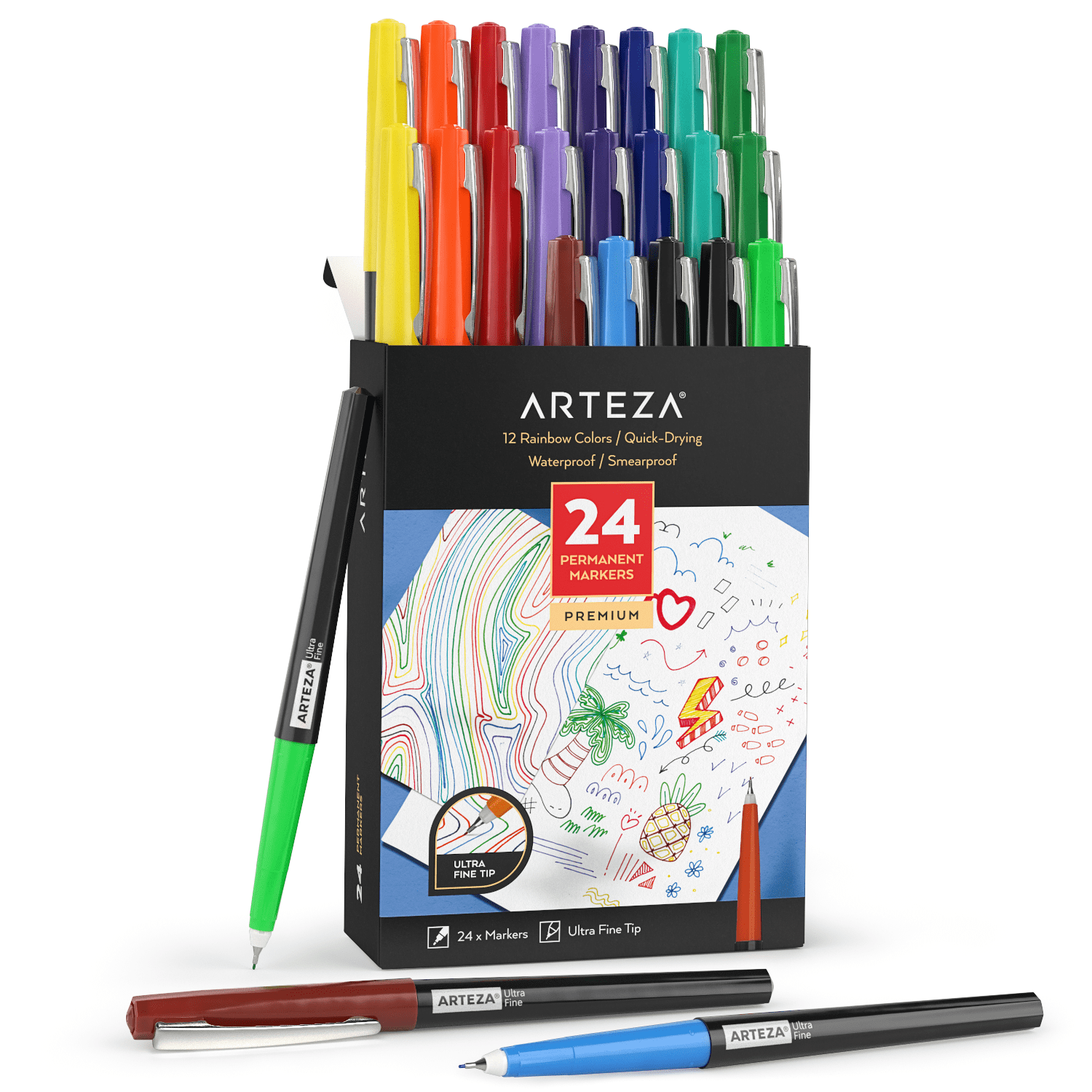 Arteza Permanent Markers Set, Rainbow, Ultra Fine Nib, 12 Assorted ...