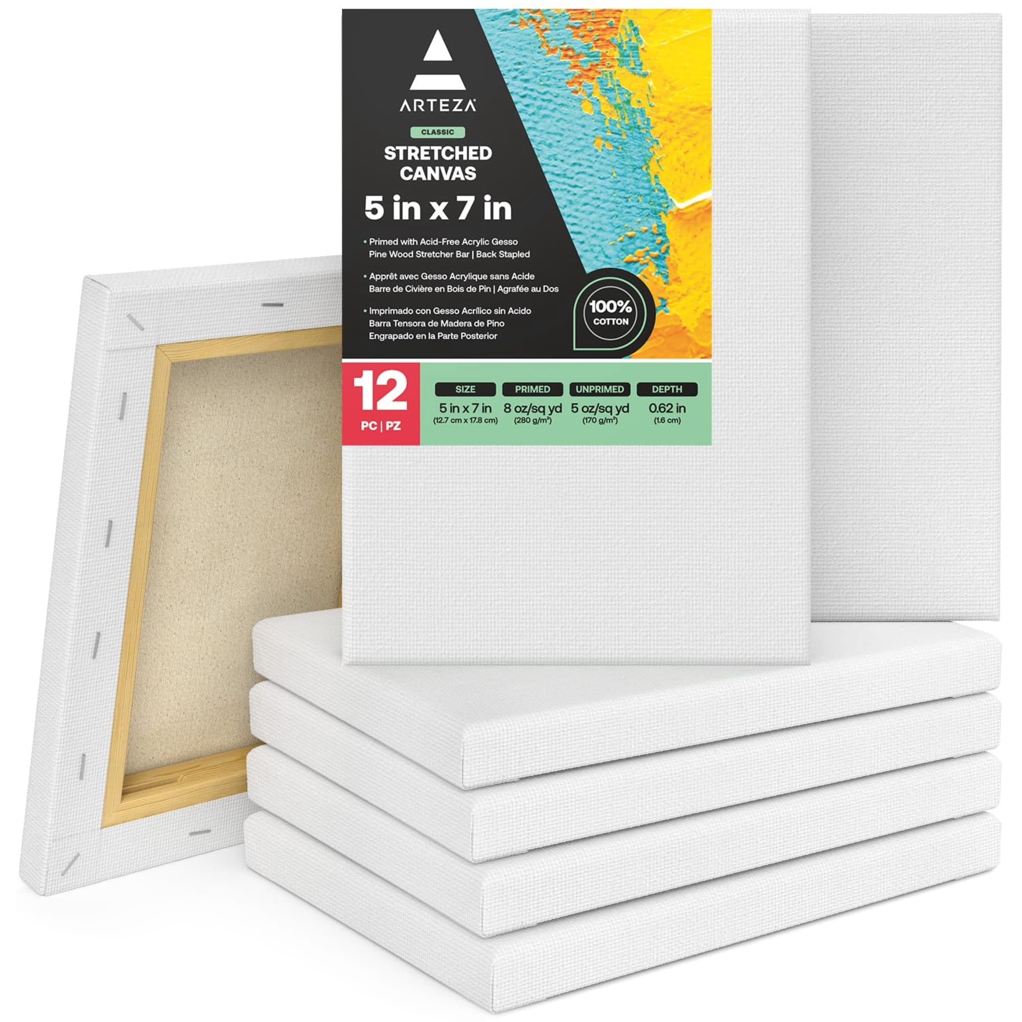Arteza, Stretched Canvas, 5" x 7", 12 Pack, Ready for All Media ...