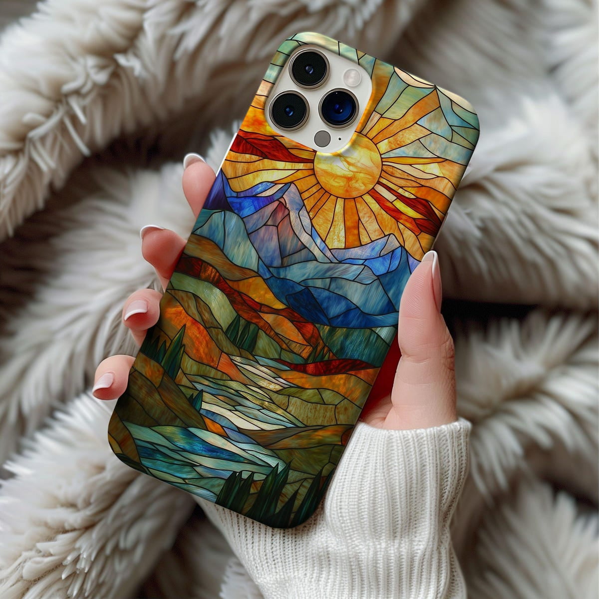 Artful Aesthetic Mountains and Sun Rays Stained Glass Phone Case with ...