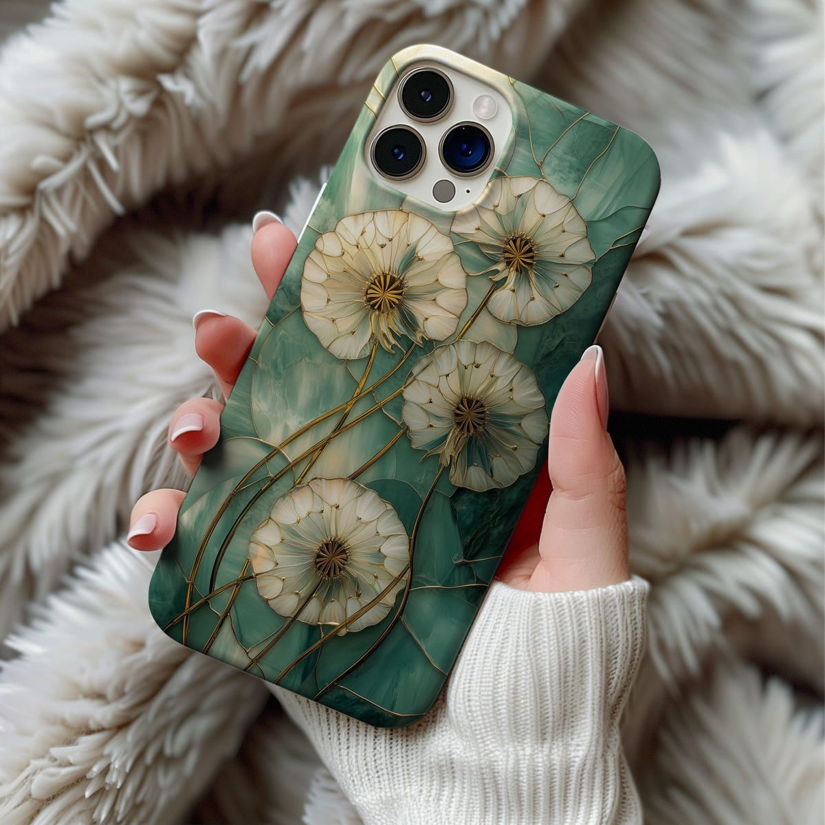 Artful Aesthetic Sage Green Stained Glass Dandelion Phone Case with ...