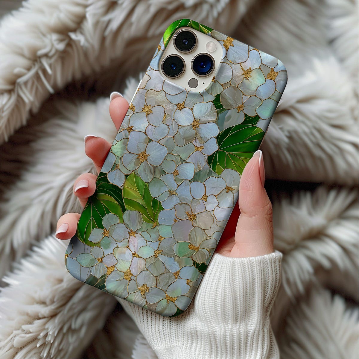 Artful Aesthetic White Hydrangea Wildflower Stained Glass Phone Case ...
