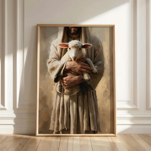 Artful Good Shepherd Jesus Holding Lamb Neutral Christian Vintage Bible ...