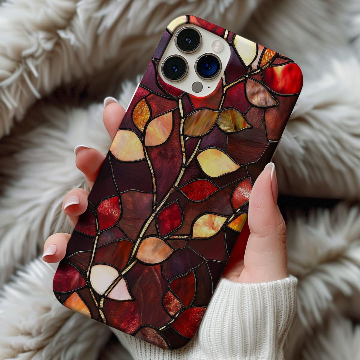 Artful Trendy Vintage Dark Red Stained Glass Autumn Leaf Phone Case for ...