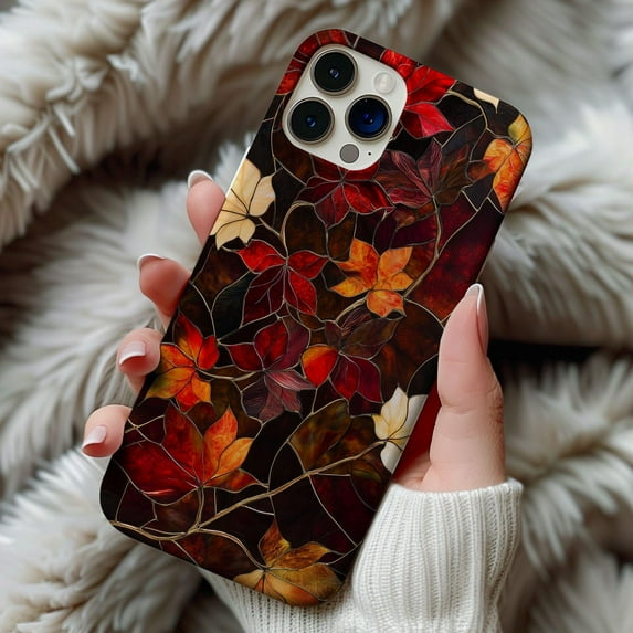 Artful Trendy Vintage Dark Red Stained Glass Autumn Leaf Phone Case ...