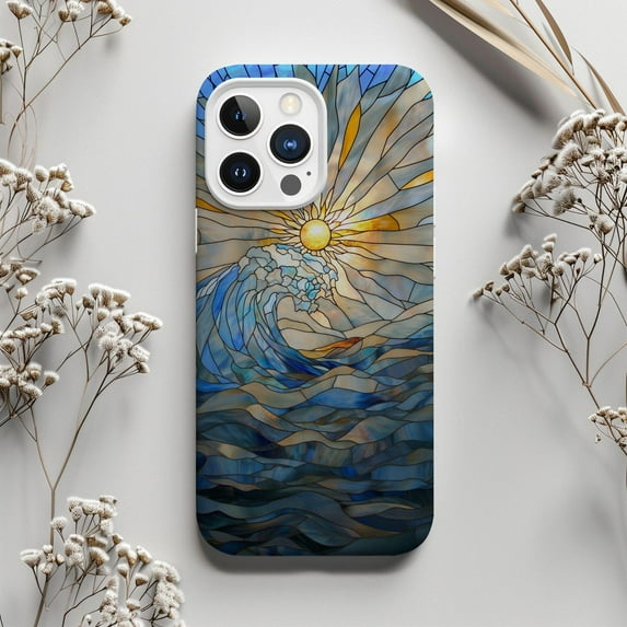 Artful Vintage Aesthetic Ocean Wave Sun Stained Glass Style Phone Case ...