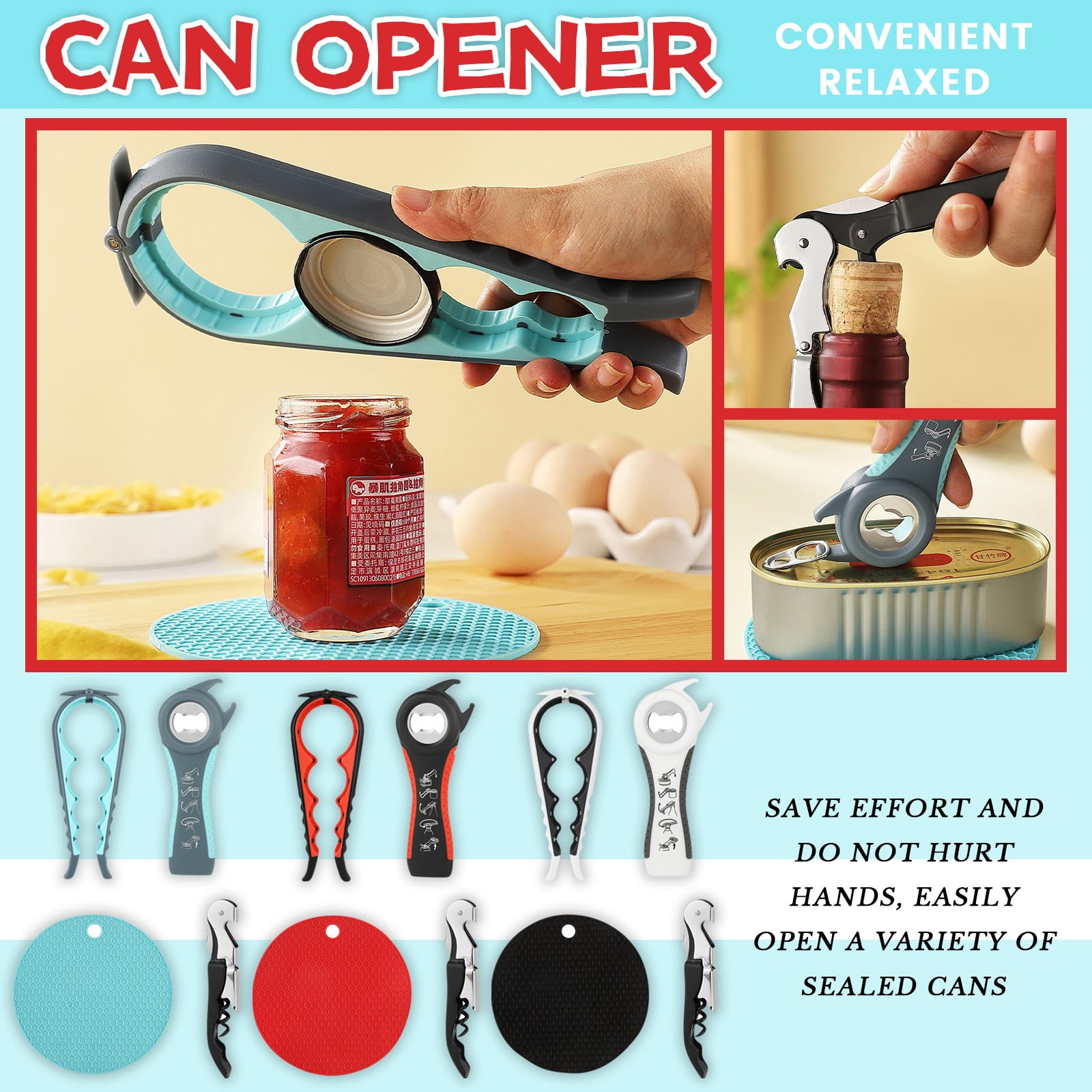 Arthritis Jar Opener for Weak Hands & Seniors 5-in-1 Non-Slip Bottle Can Opener Tool with ...