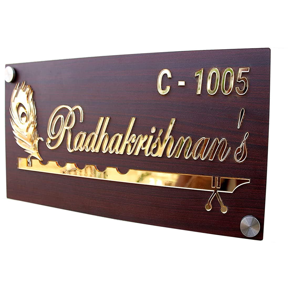 Artica Door Name Plate Wood Brown with Golden Acrylic Customize Names ...