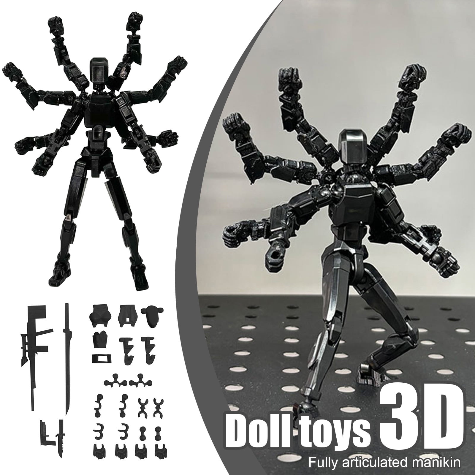 Articulated Multi-Arm Action Figure 7-Inch Black Robot Toy with ...