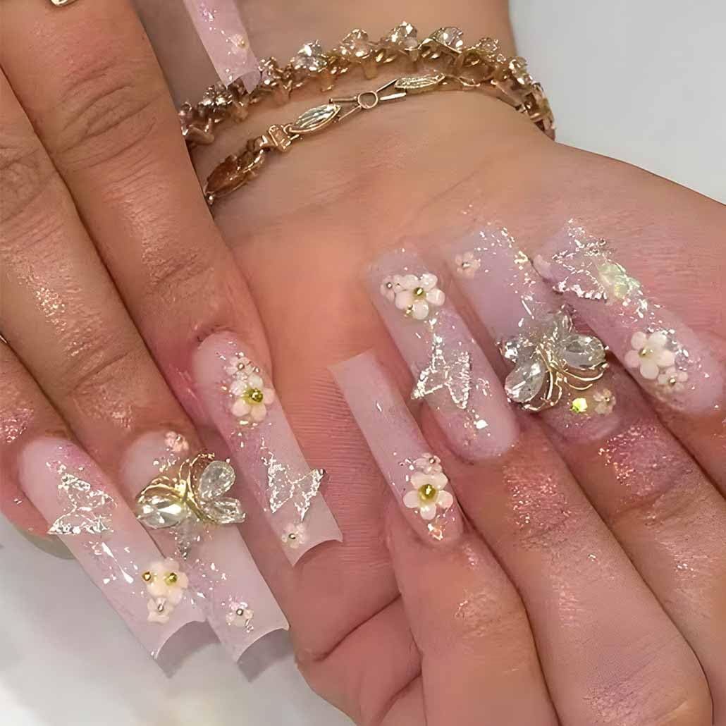 Artificail Press on Rhinestone Nails Extra Long, 3D Butterfly Fake ...