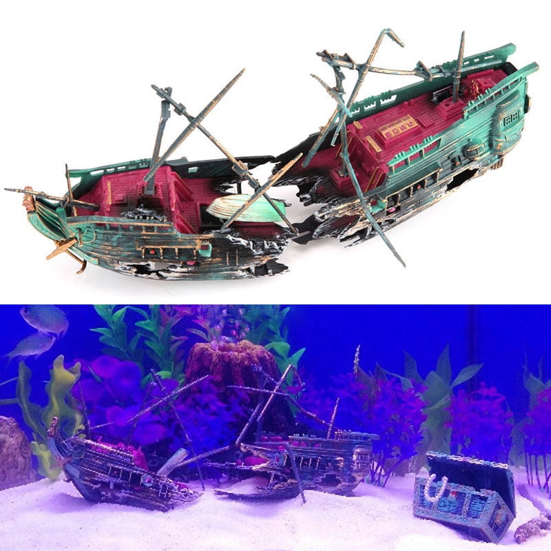 Artificial Aquarium Ornament Air Aerobic Device Decor Split ShipWreck ...